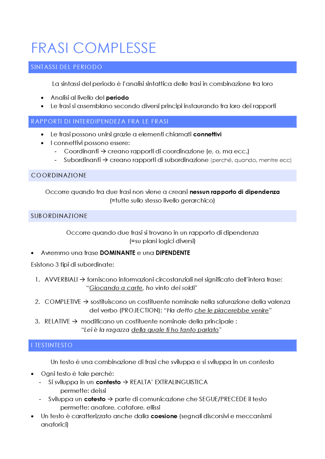 SINTASSI DELLA FRASE COMPLESSA - Docsity