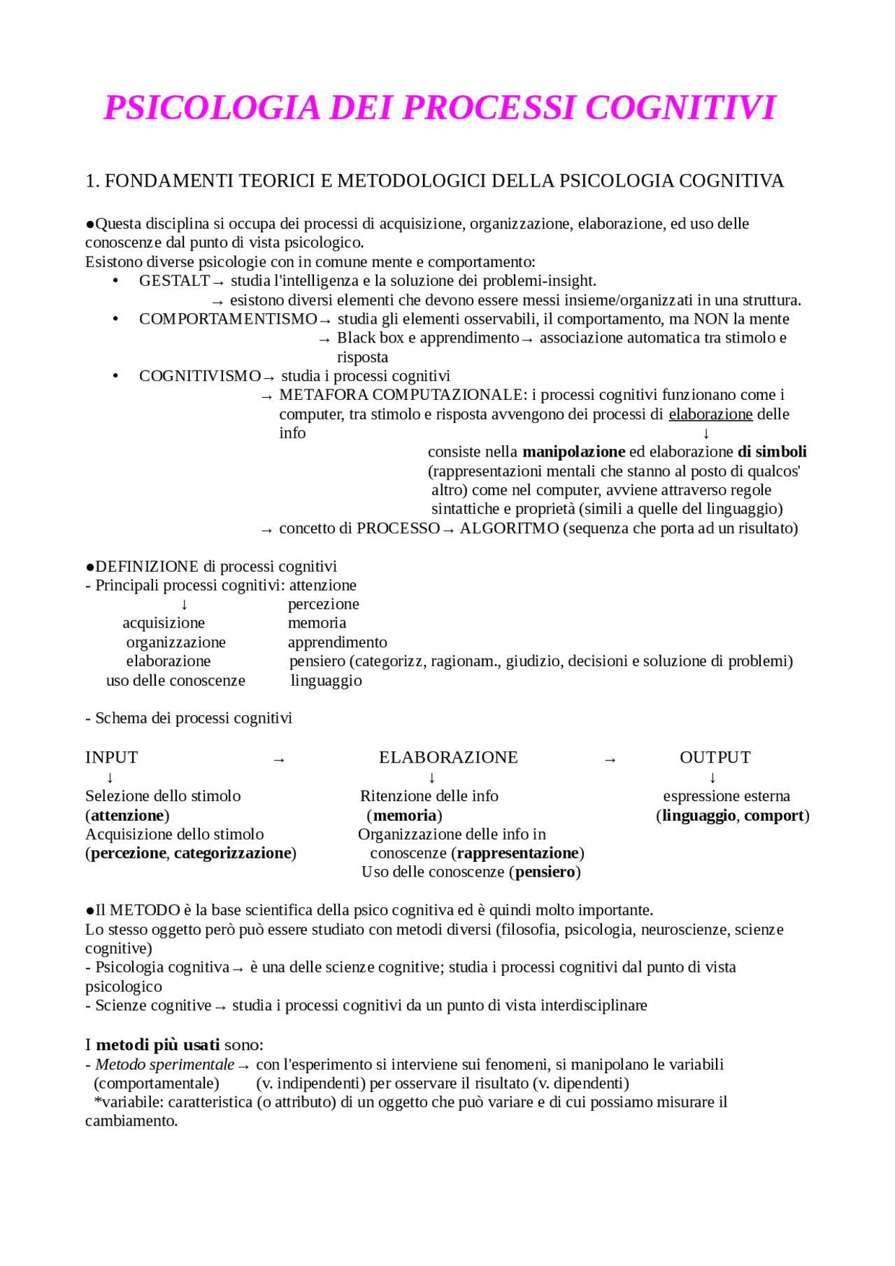 Psicologia Dei Processi Cognitivi Docsity