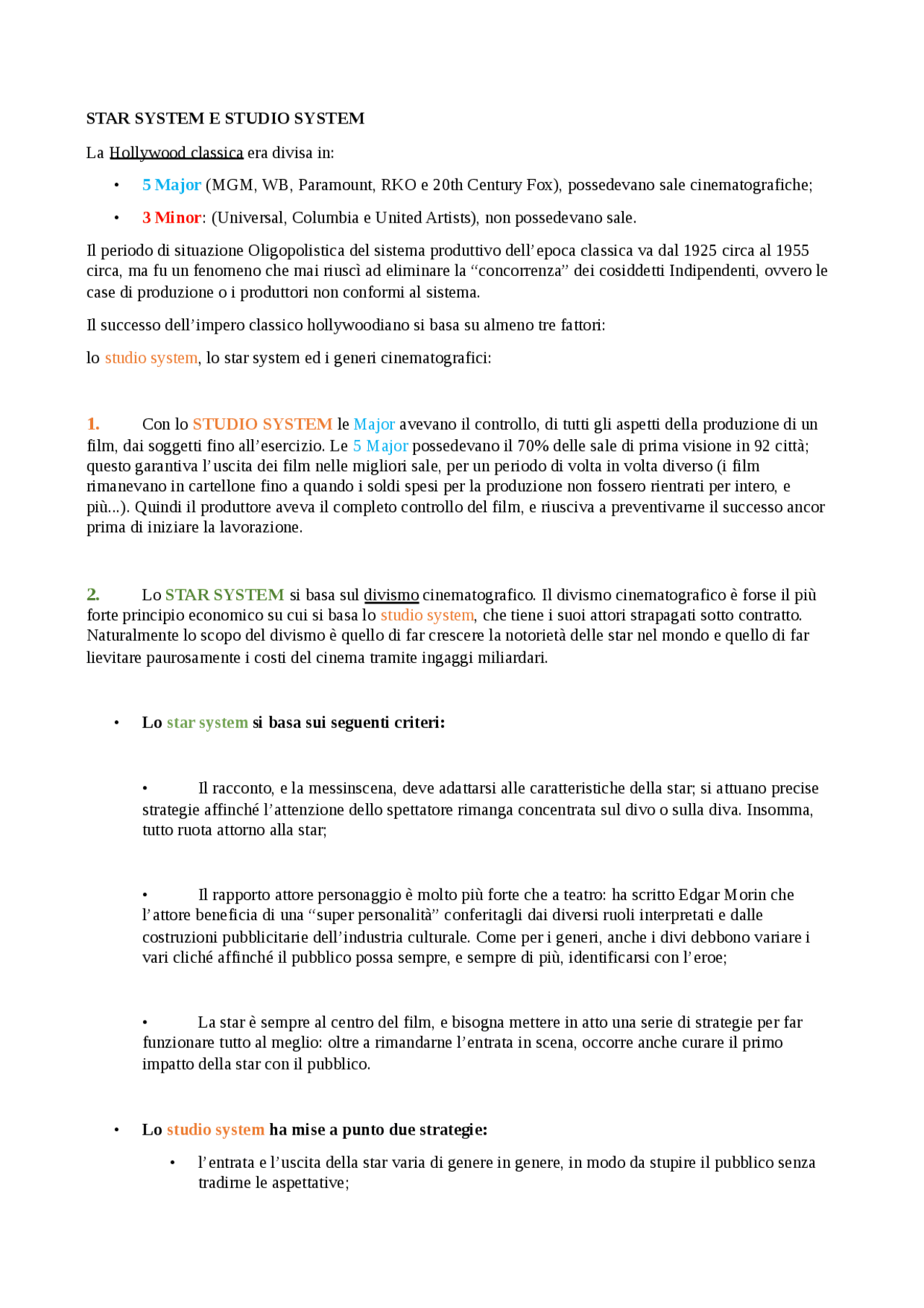STAR SYSTEM e STUDIO SYSTEM | Appunti di Storia Del Cinema | Docsity