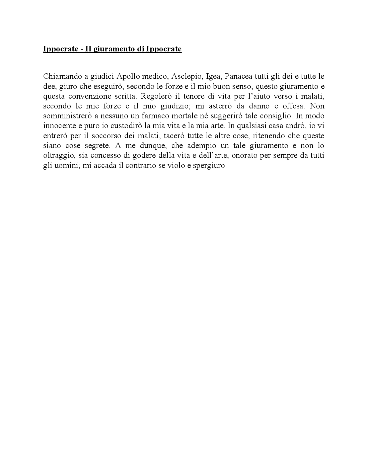 Ippocrate - Il giuramento di Ippocrate | Versioni di Greco | Docsity