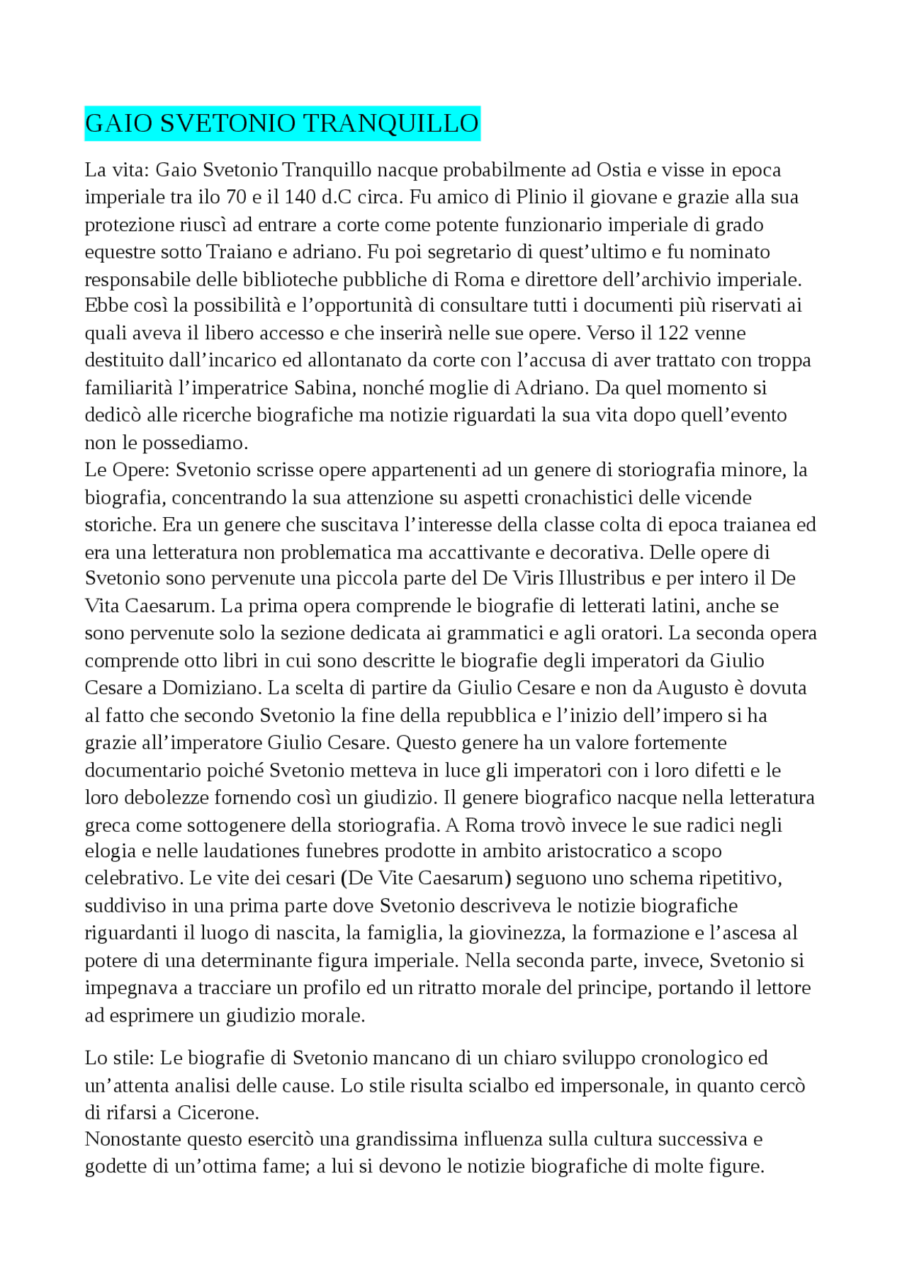 Riassunto Gaio Svetonio Tranquillo Docsity