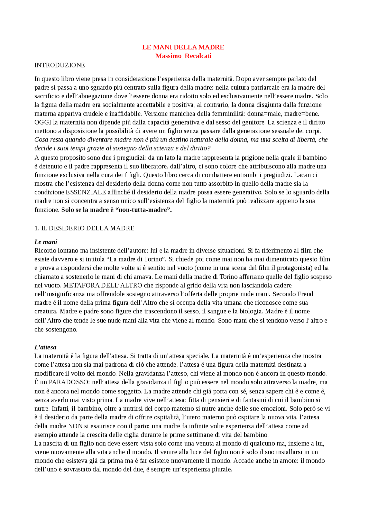 Le Mani Della Madre Massimo Recalcati Docsity