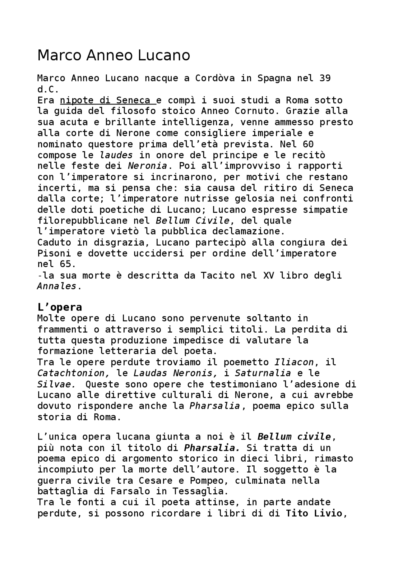 Riassunto Marco Anneo Lucano Docsity