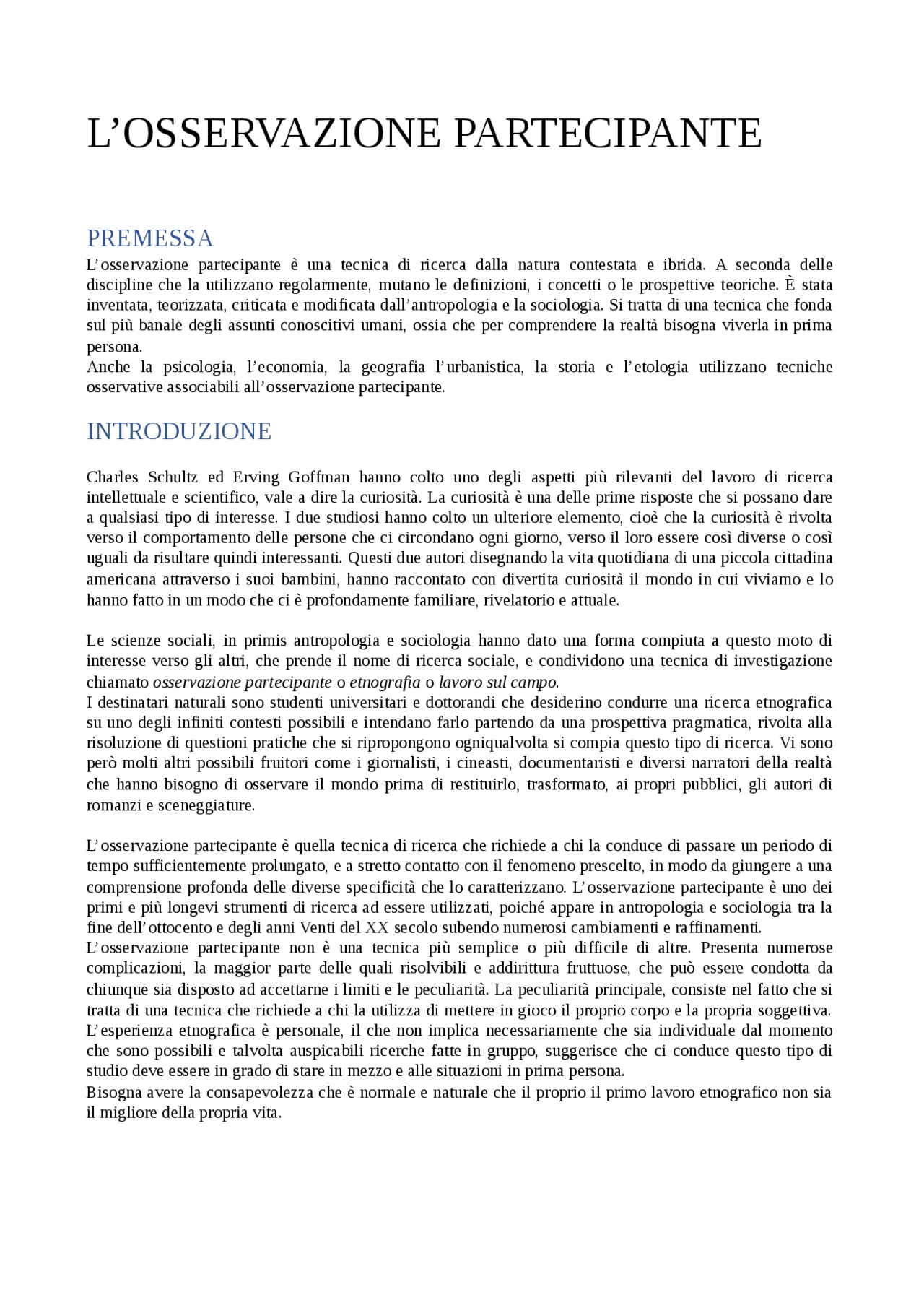 Losservazione Partecipante Una Guida Introduttiva Docsity