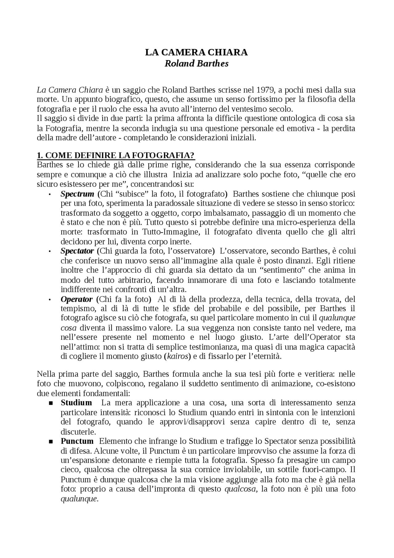 La Camera Chiara Di Roland Barthes Riassunto Docsity