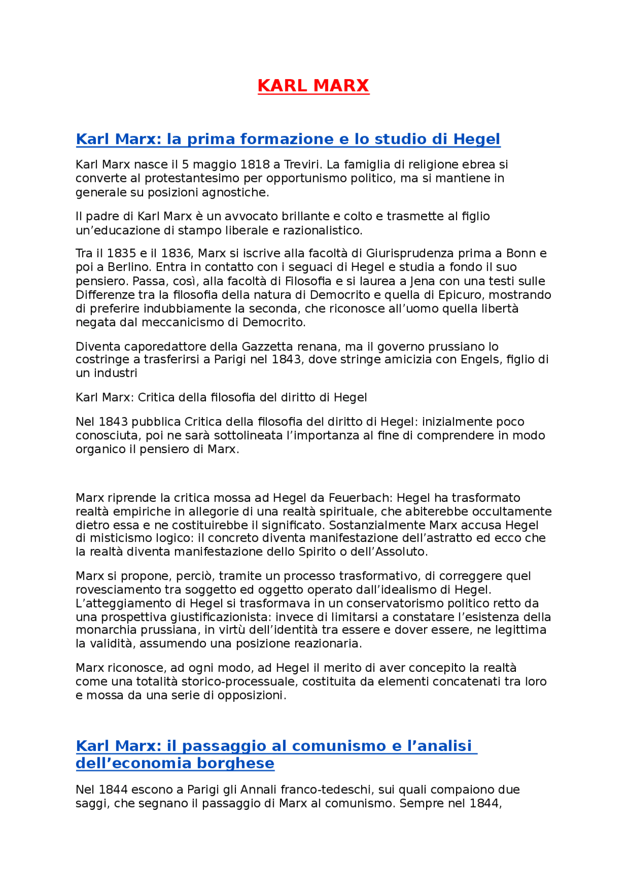 Riassunto Elaborato Del Filosofo Karl Marx Docsity