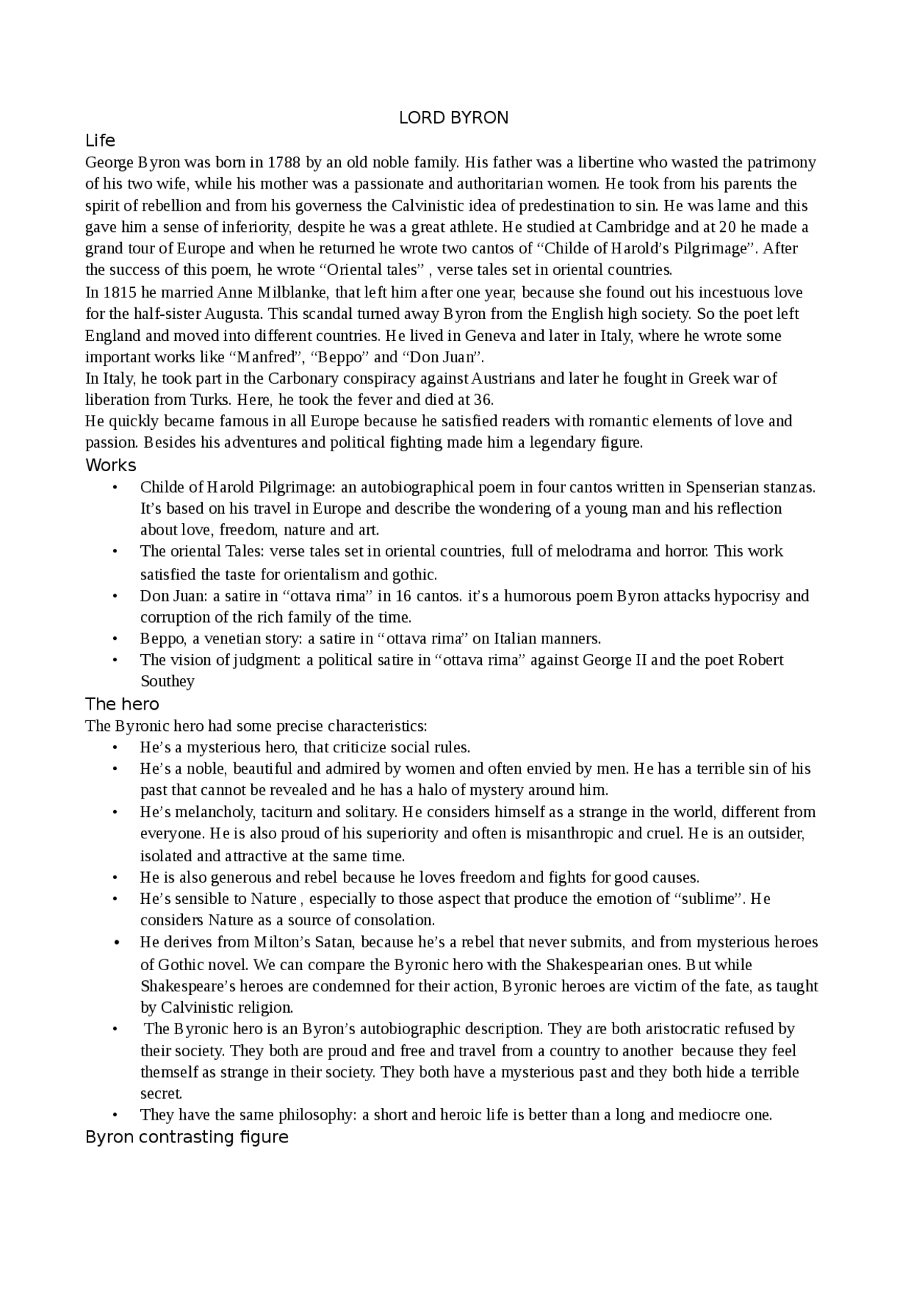 Riassunto In Lingua Inglese Su Byron Docsity