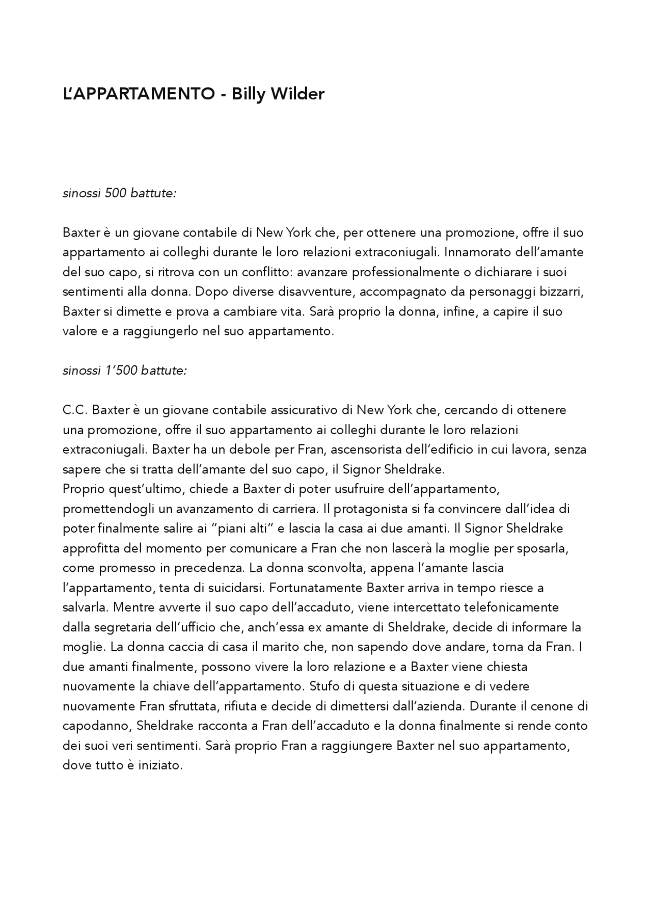 L'appartamento - Billy Wilder | Study notes Technical Writing | Docsity