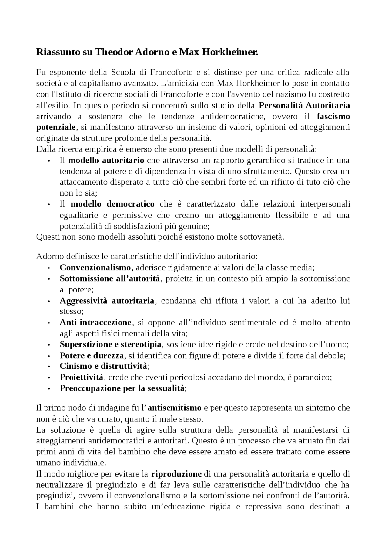 Riassunto Su Adorno Horkheimer E Marcuse Docsity