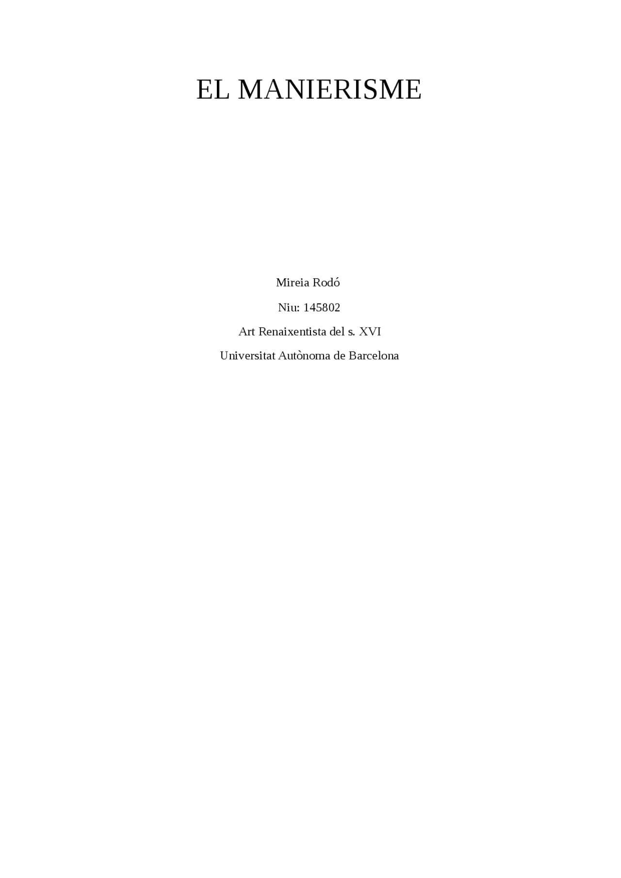 Treball Manierisme De Renaixament Docsity