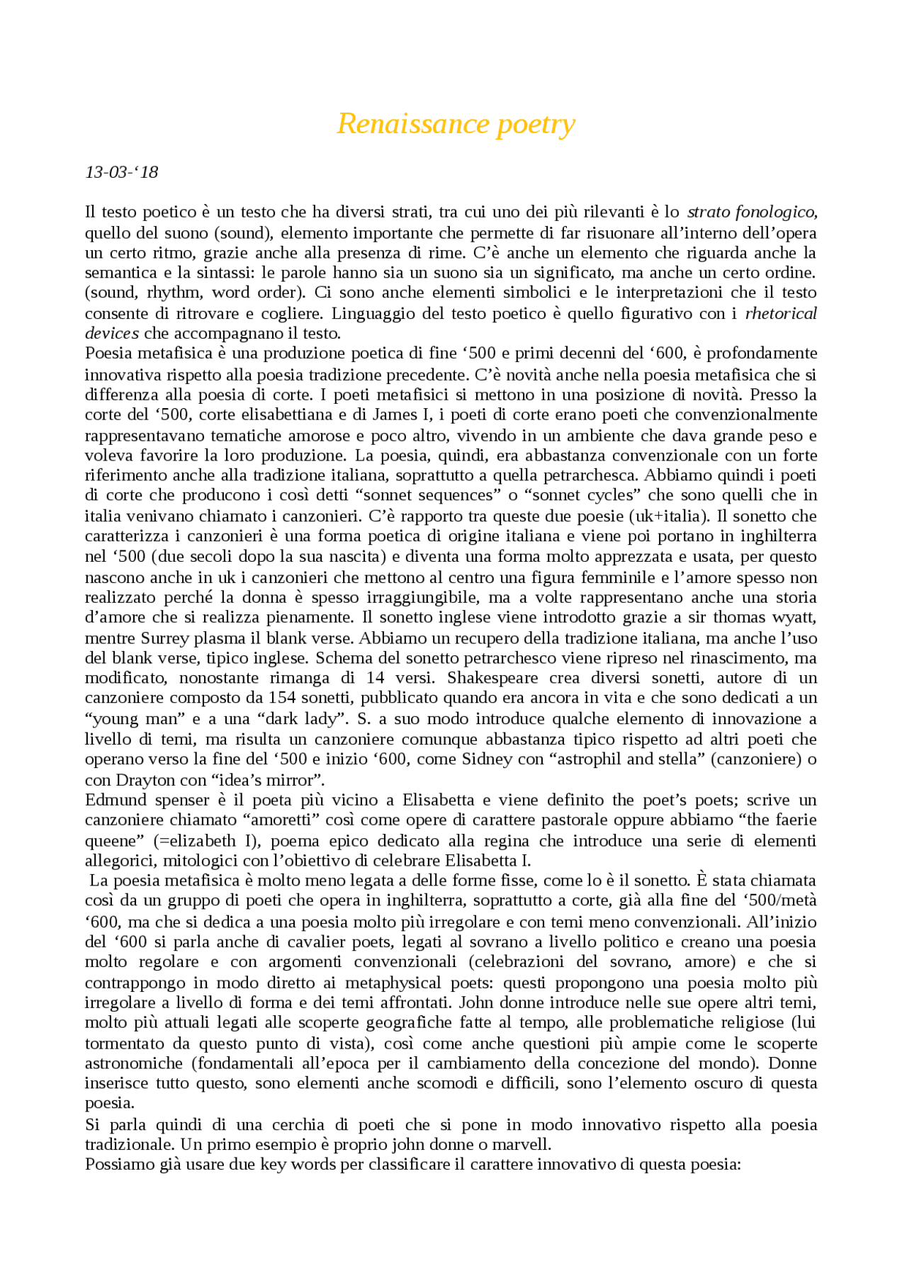 Poesia nel rinascimento - Docsity