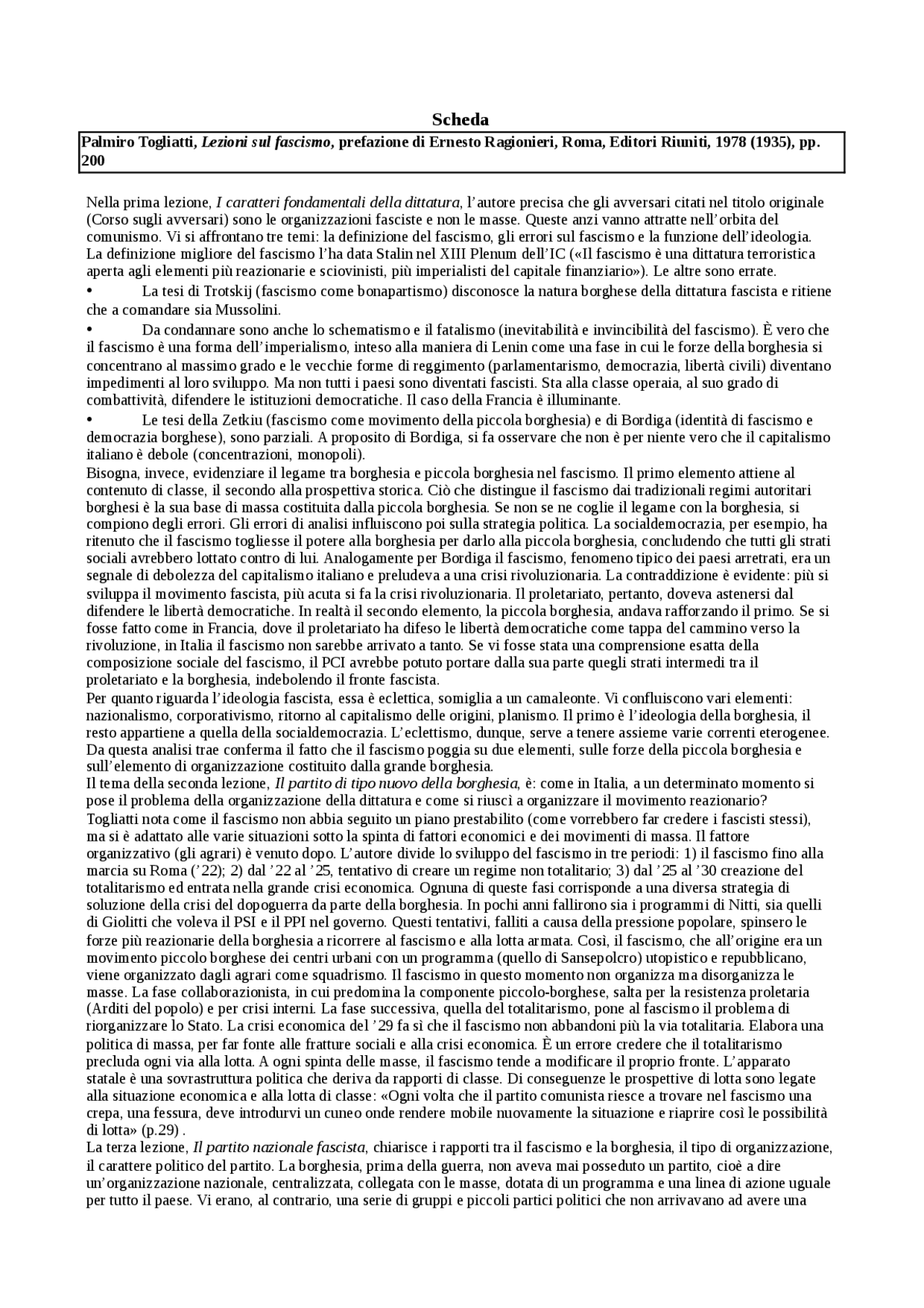 Togliatti Lezioni Sul Fascismo Docsity