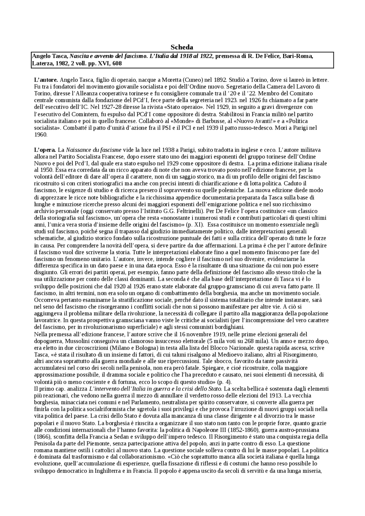 Angelo Tasca, Nascita e avvento del fascismo. L’Italia dal 1918 al 1922 (1938) - Docsity