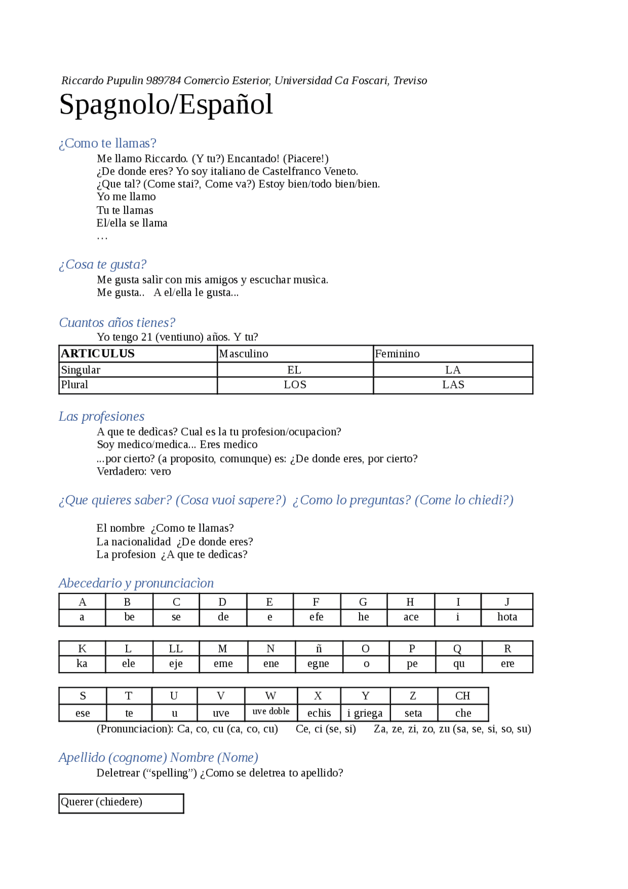 Spagnolo Base Riassunto Primo Semestre Docsity