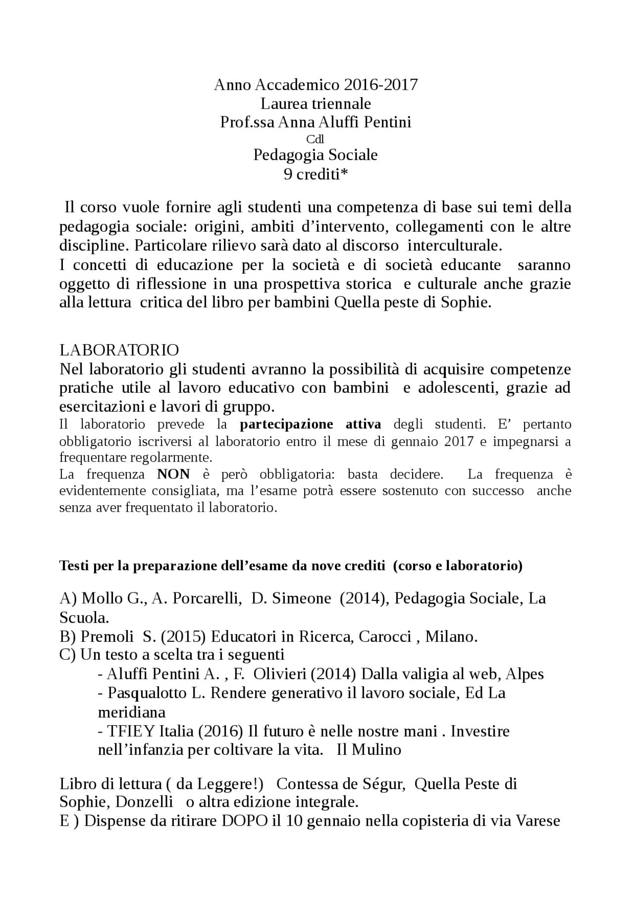 Programma Pedagogia Sociale Docsity