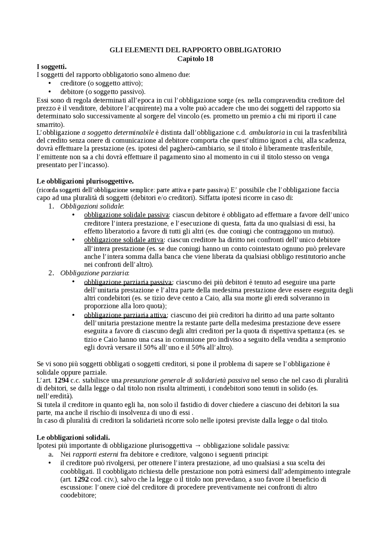 GLI ELEMENTI DEL RAPPORTO OBBLIGATORIO, capitolo XVIII - Docsity