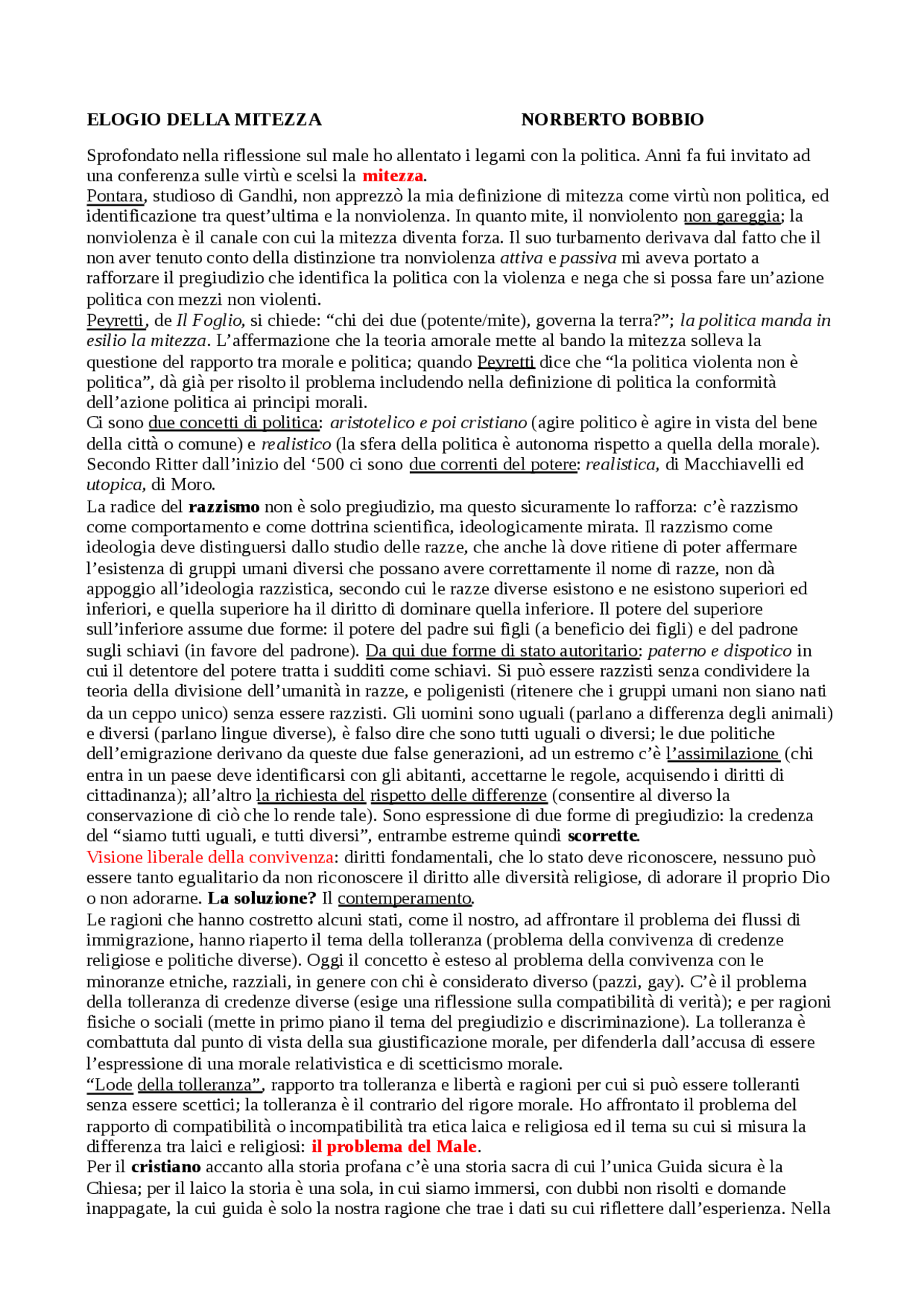Elogio Della Mitezza Norberto Bobbio Docsity