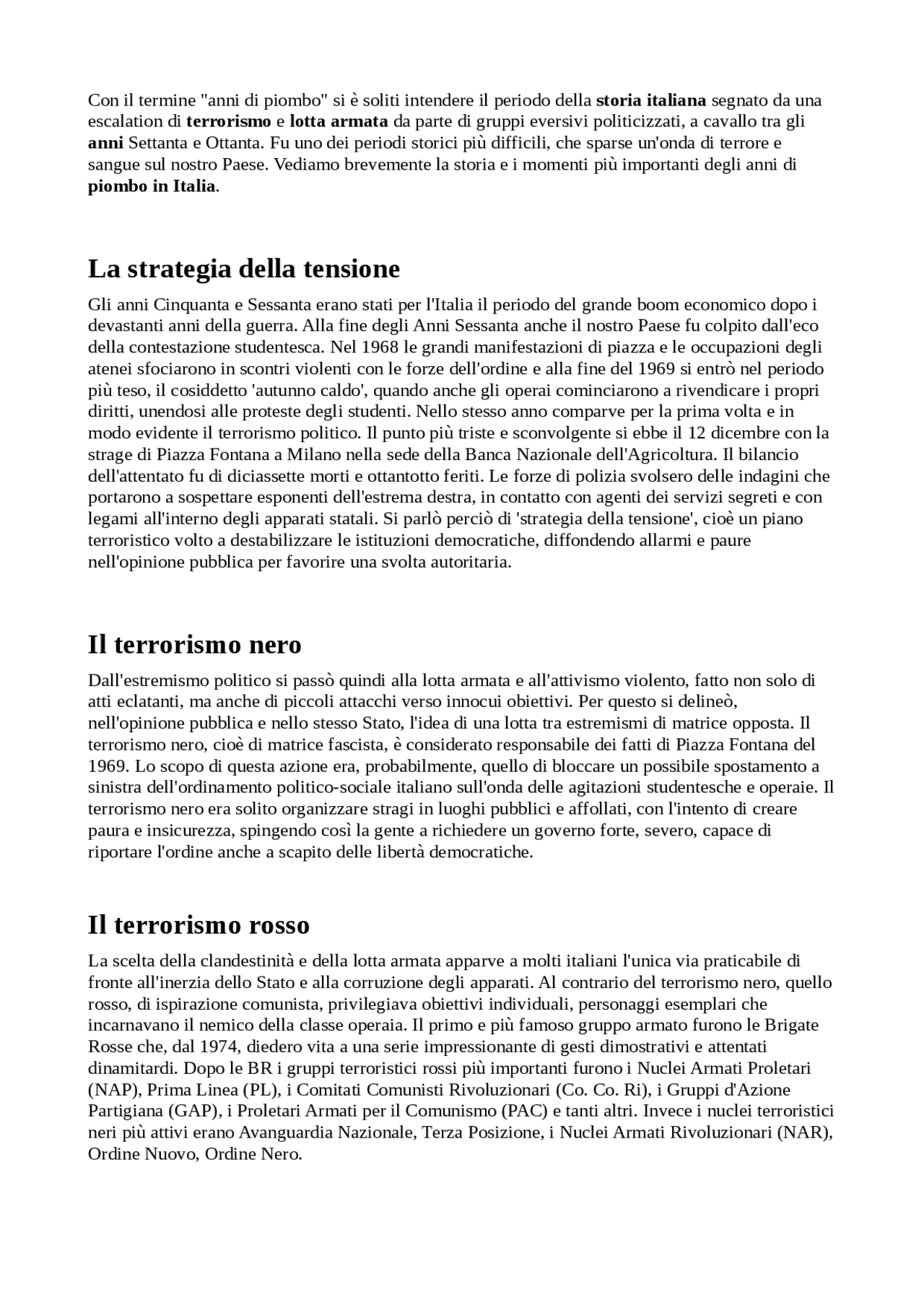 Gli Anni Di Piombo In Italia Appunti Di Storia Contemporanea Docsity