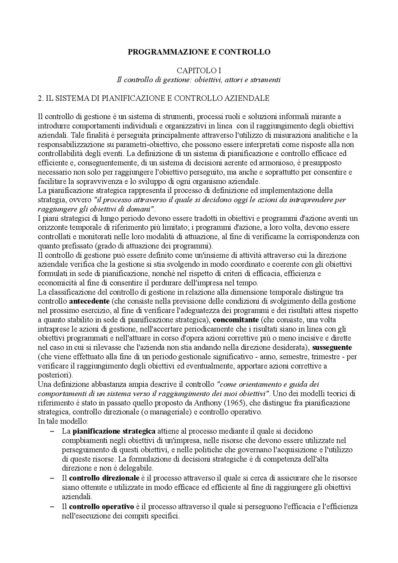 Riassunto Programmazione E Controllo Docsity