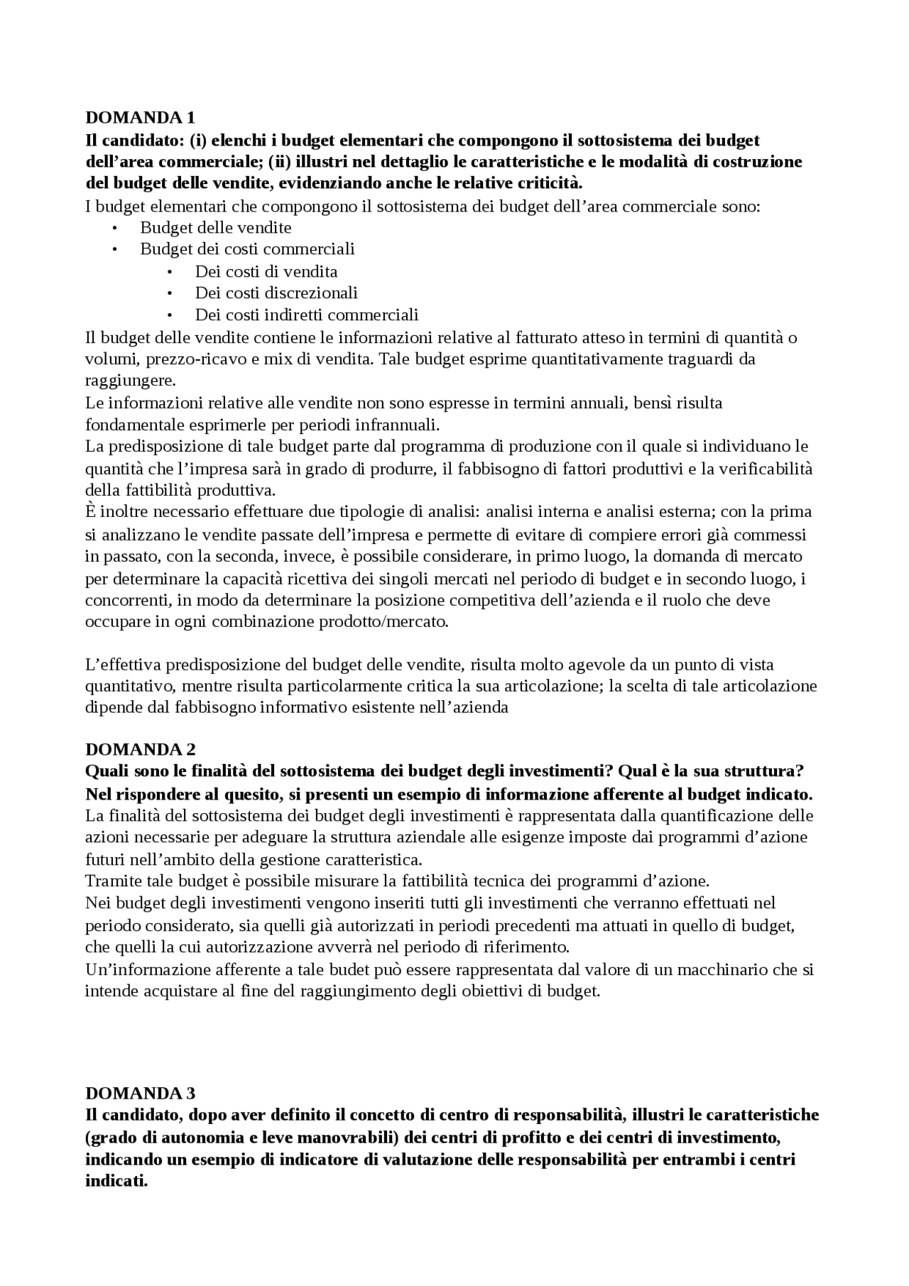 Domande di teoria Programmazione e Controllo - Docsity