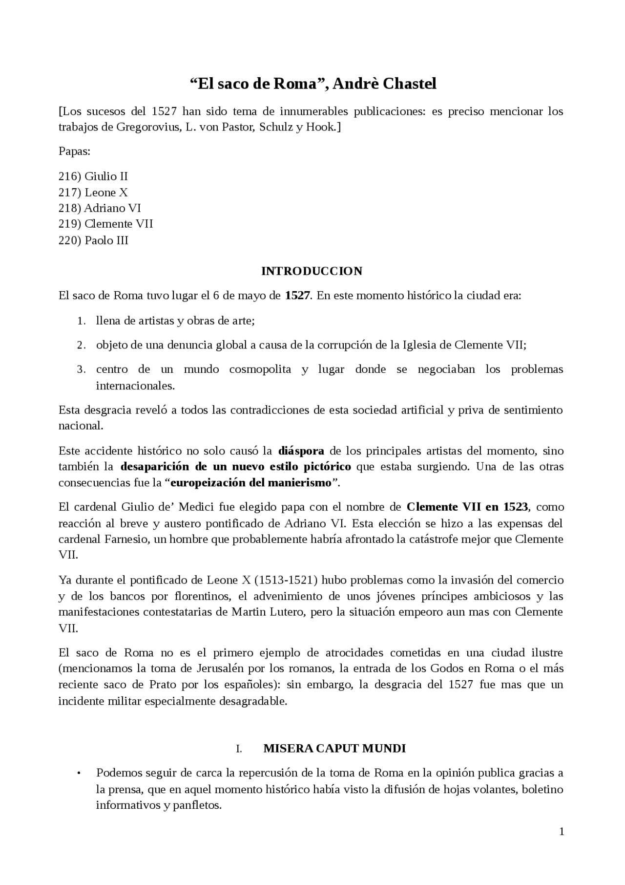 Resumen "El saco de Roma, 1527" de André Chastel | Sintesi del corso di ...