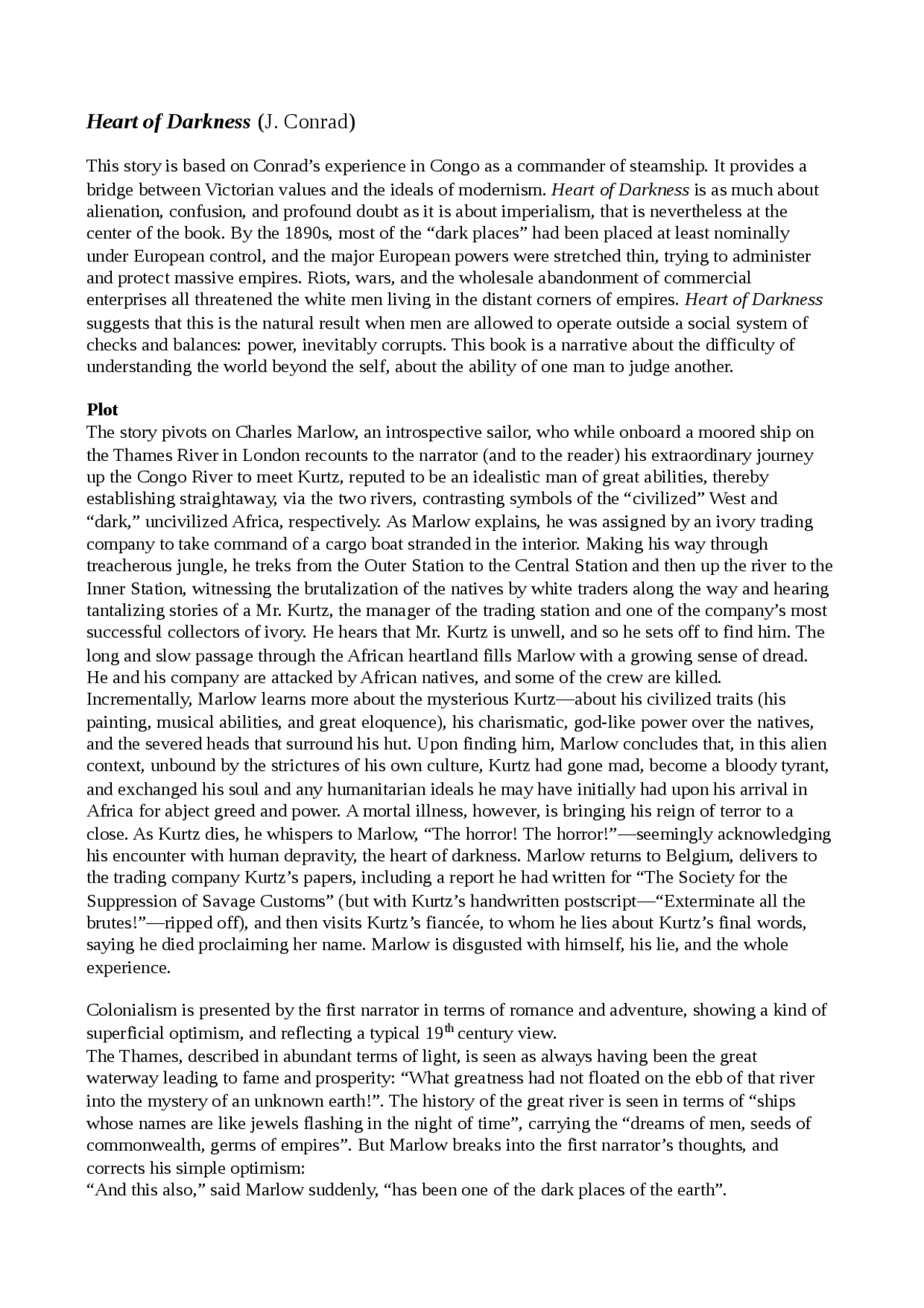 Heart Of Darkness J Conrad Docsity