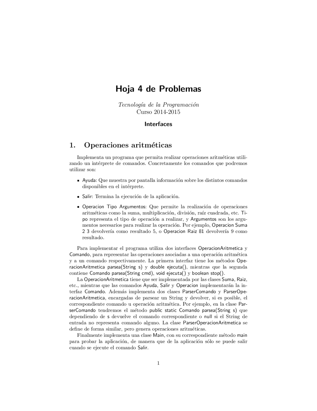 Hoja de Problemas Interfaces TP | Exercises of Object Oriented Programming | Docsity