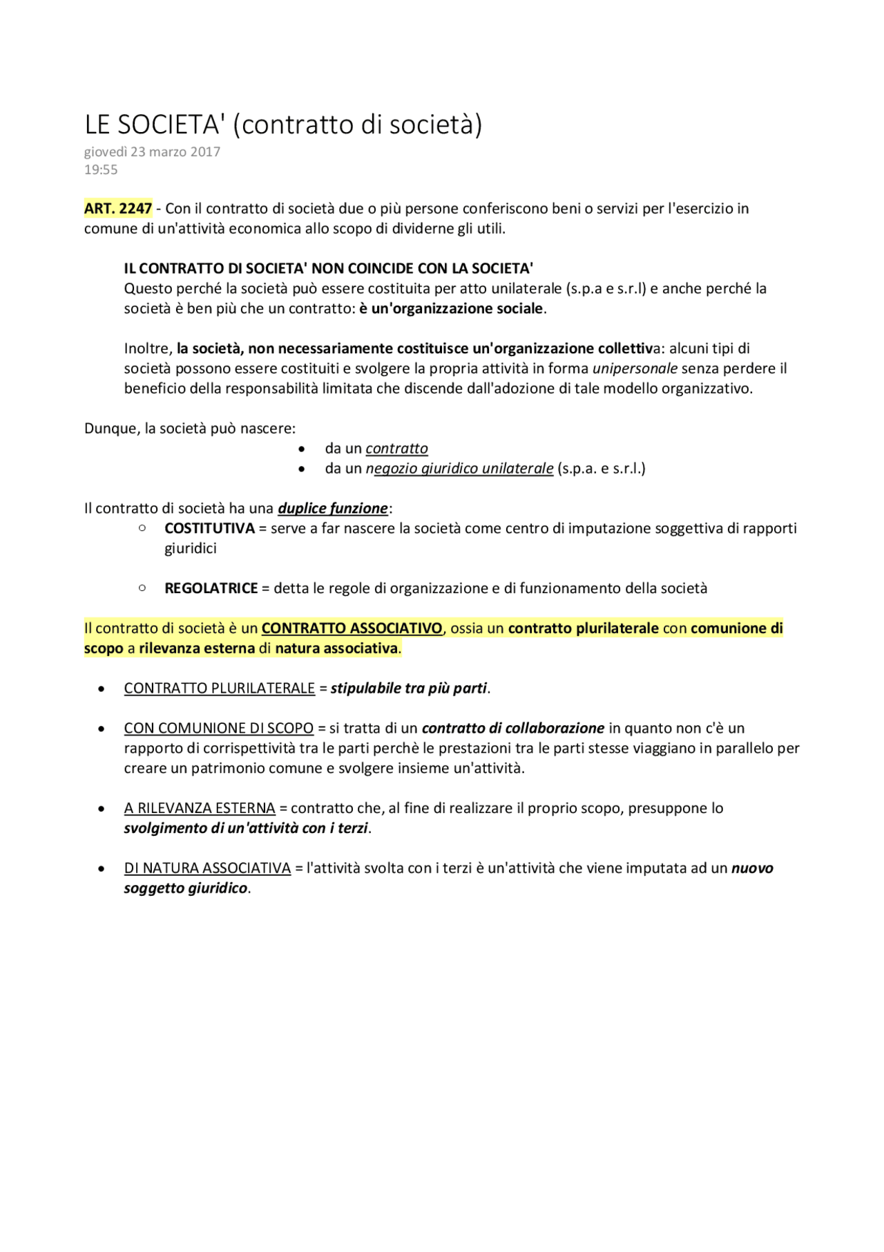 Riassunto Appunti Di Diritto Societario Docsity