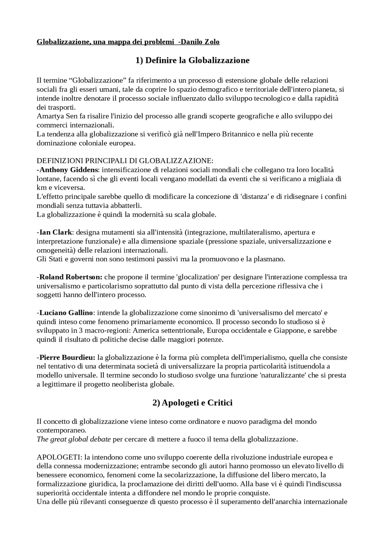 Globalizzazione Di Danilo Zolo Docsity