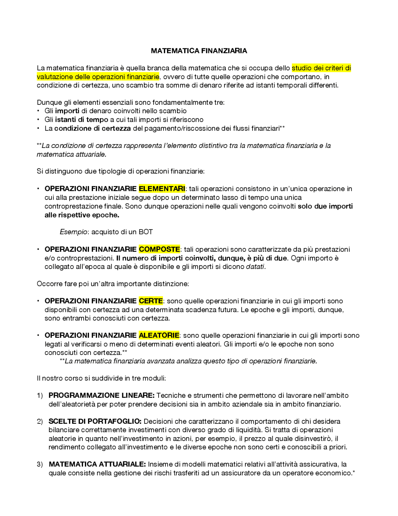 Riassunti, schemi, appunti e formule di MATEMATICA FINANZIARIA (corso ...
