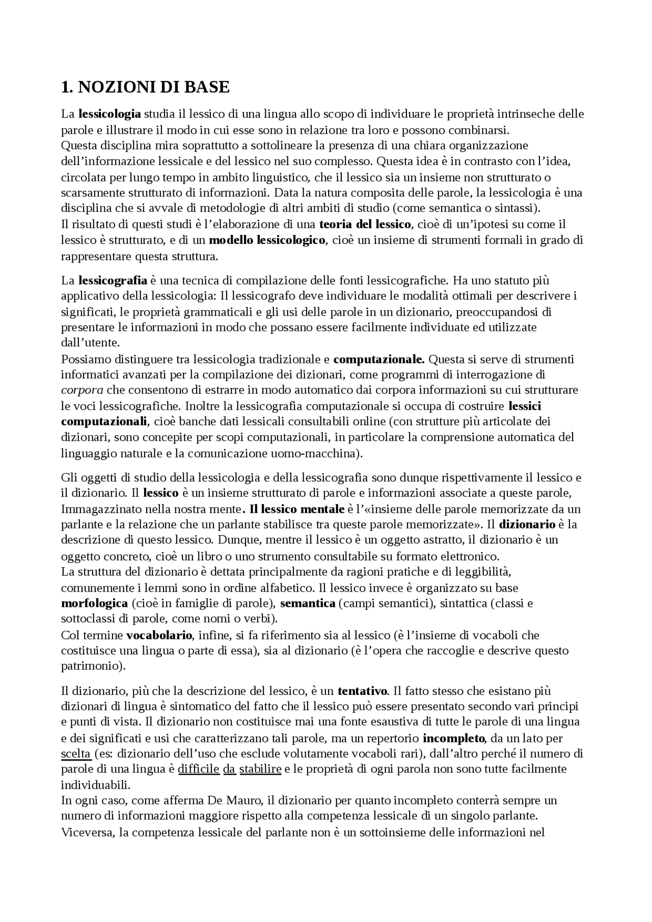 Lessico Classi Di Parole Strutture Combinazioni Docsity