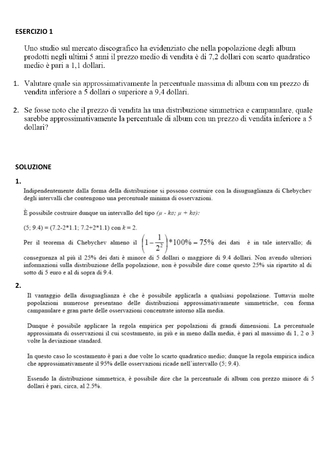 Esercizi Statistica Descrittiva Docsity