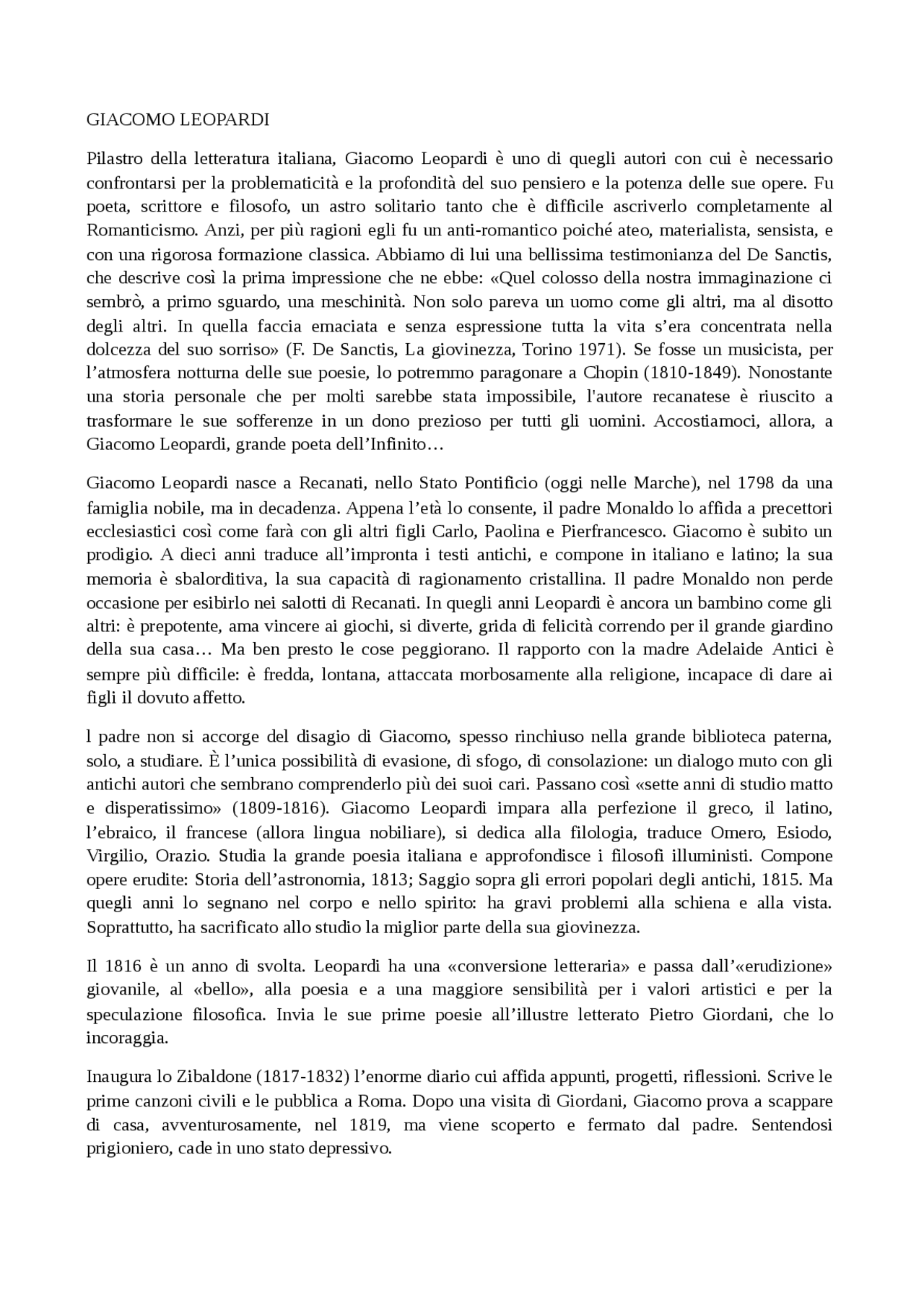 Leopardi giacomo, il suo pessimismo - Docsity