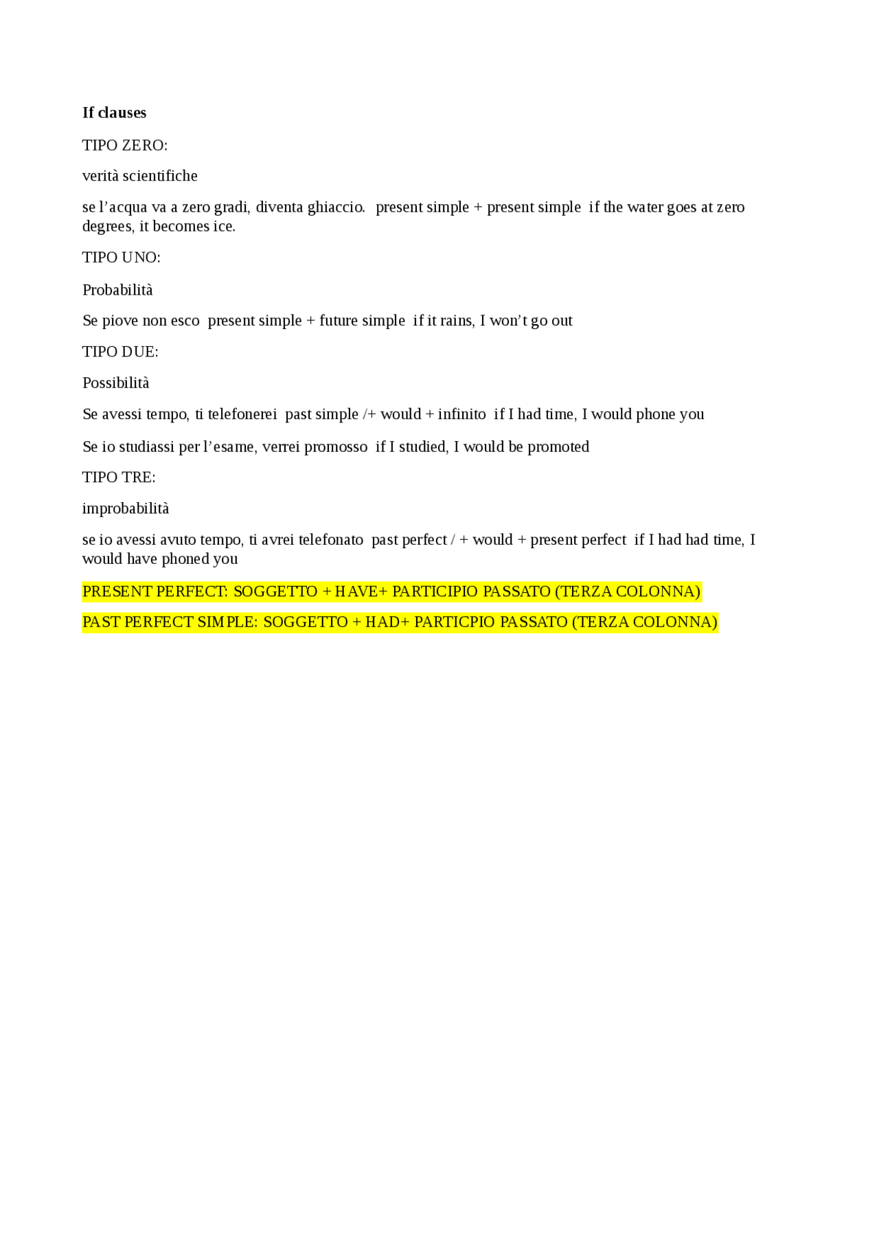 If Clauses Periodo Ipotetico Docsity