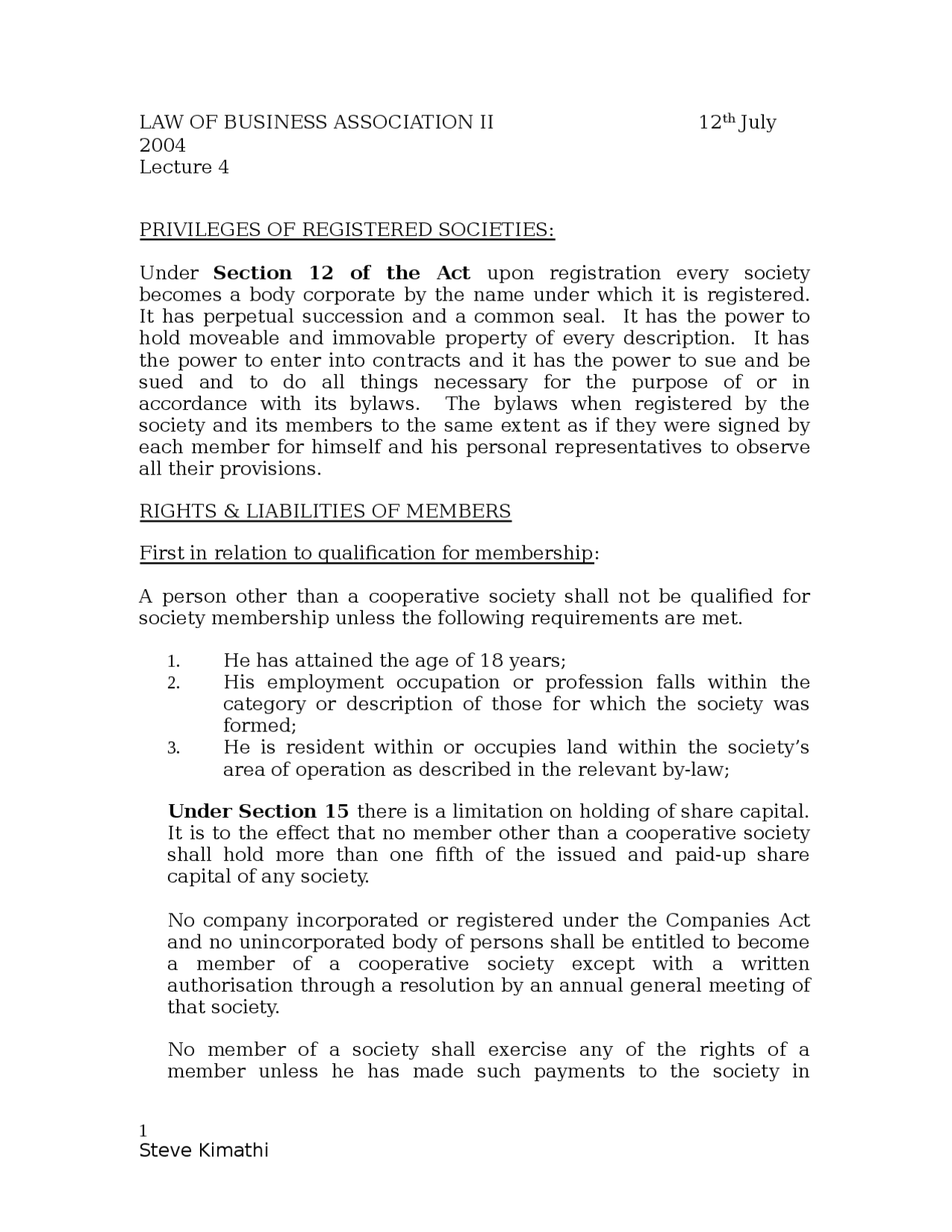 Law Of Business Association Iii Doc4 Docsity