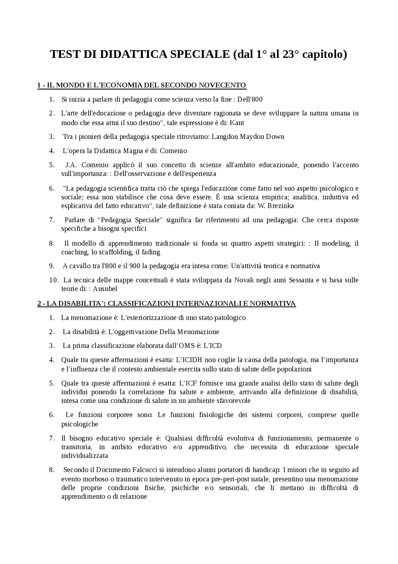 Test Didattica Speciale Per Capitoli Pegaso Docsity