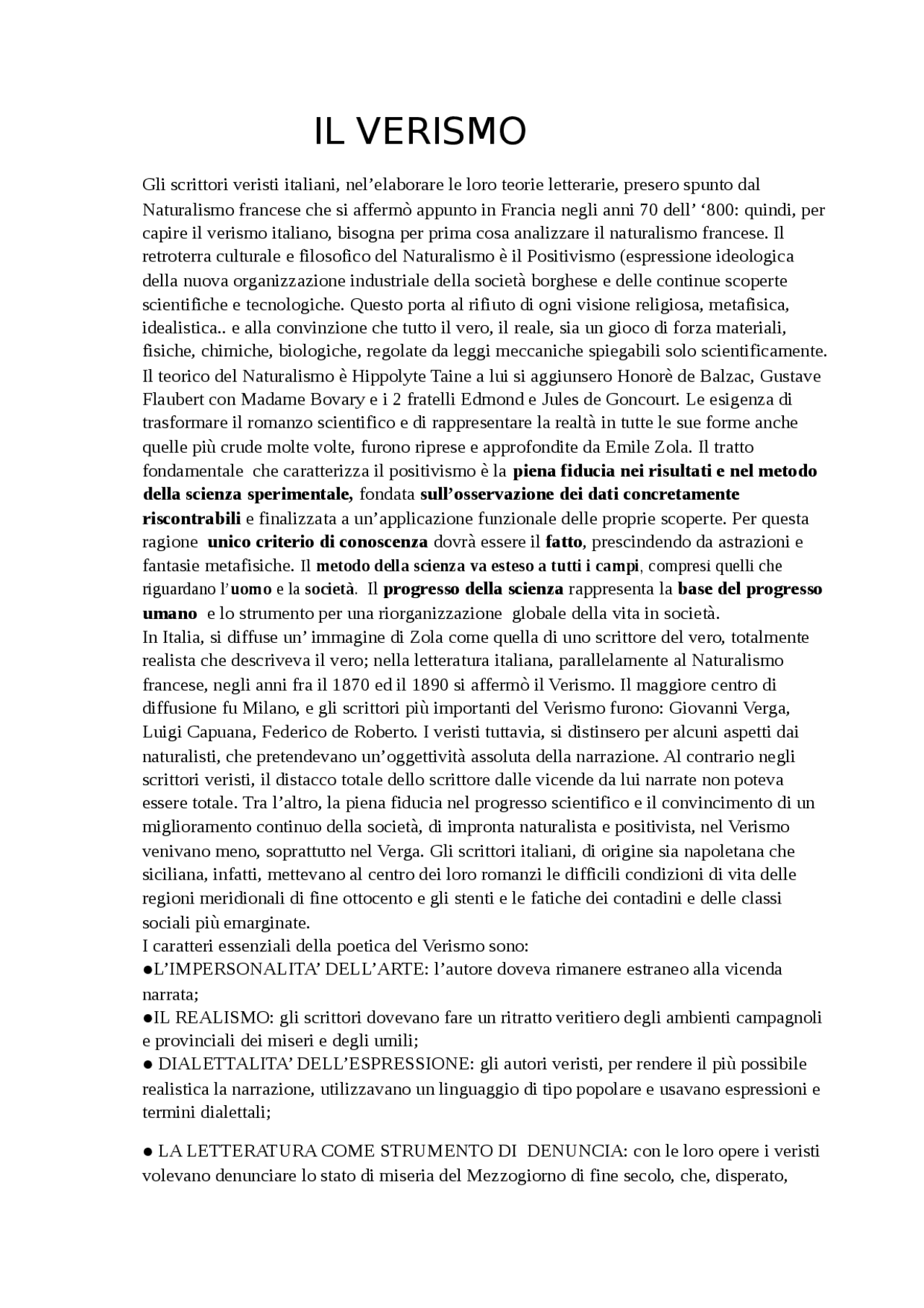 Il Verismo e Verga, letteratura italiana - Docsity