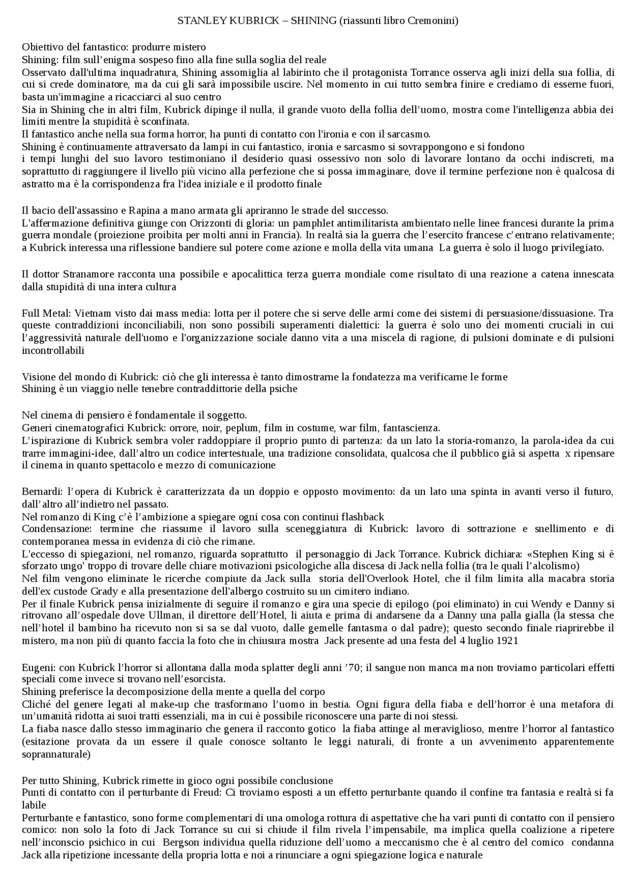 Storia Del Cinema Kubrick Shining Docsity