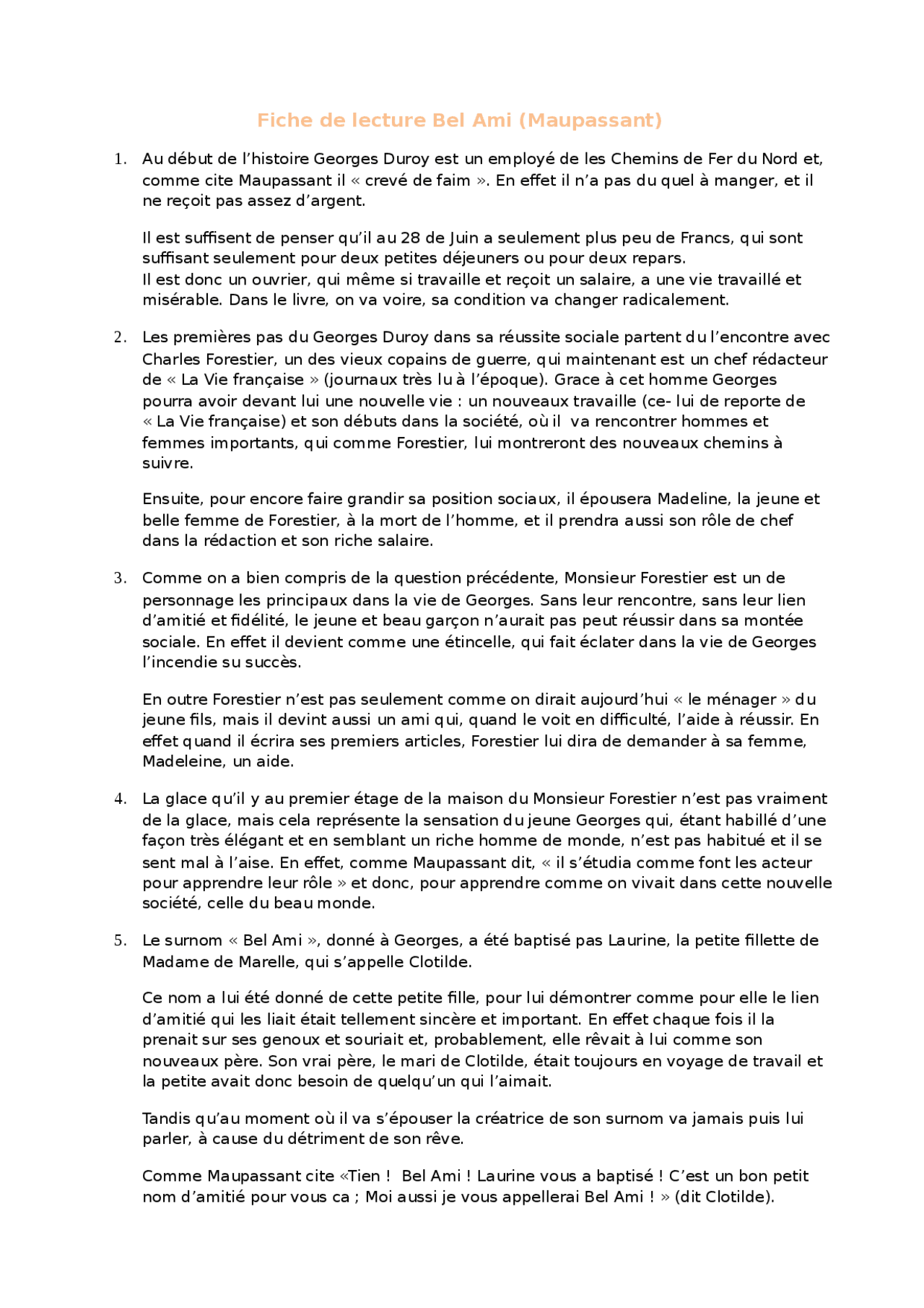 Fiche de lecture bel ami - Docsity