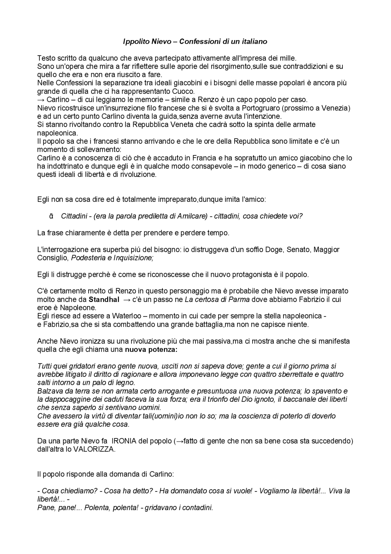 Ippolito Nievo Confessioni Di Un Italiano Docsity