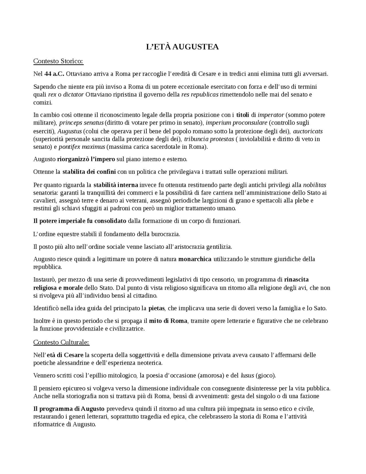 Età Augustea Sintesi E Riassunti Docsity