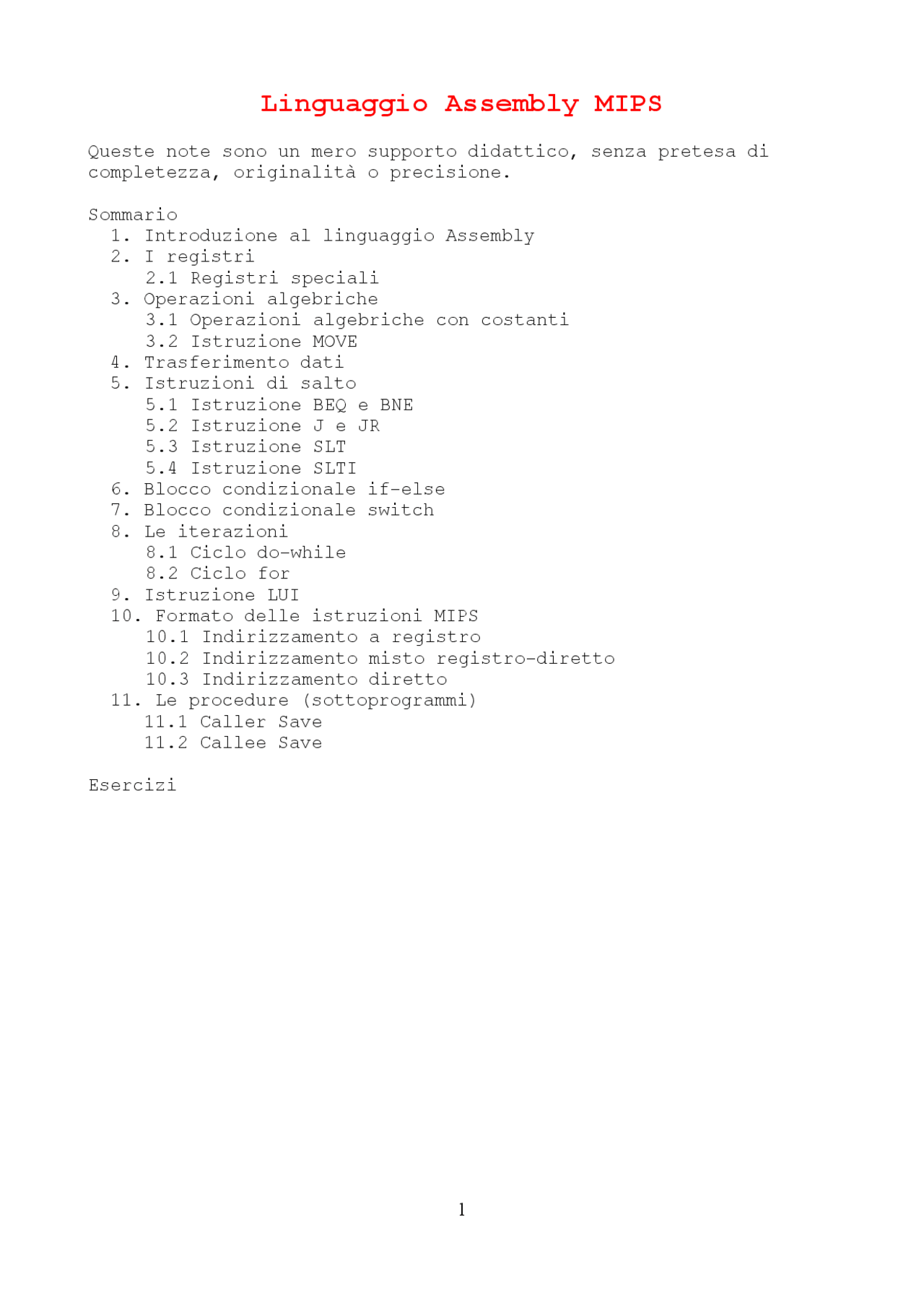 Appunti Di Linguaggio Assembly Mips Appunti Di Calcolatori