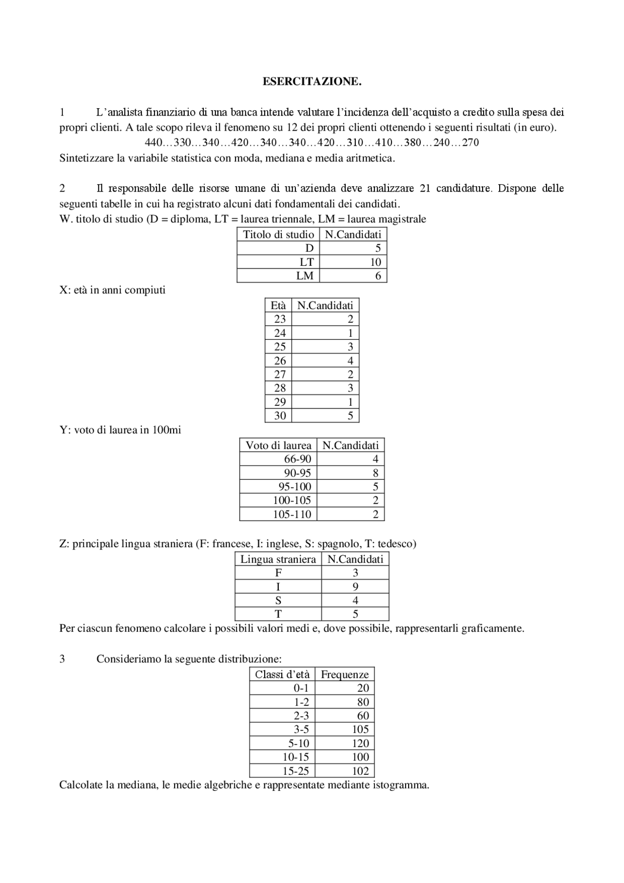 Esercitazione Statistica Docsity