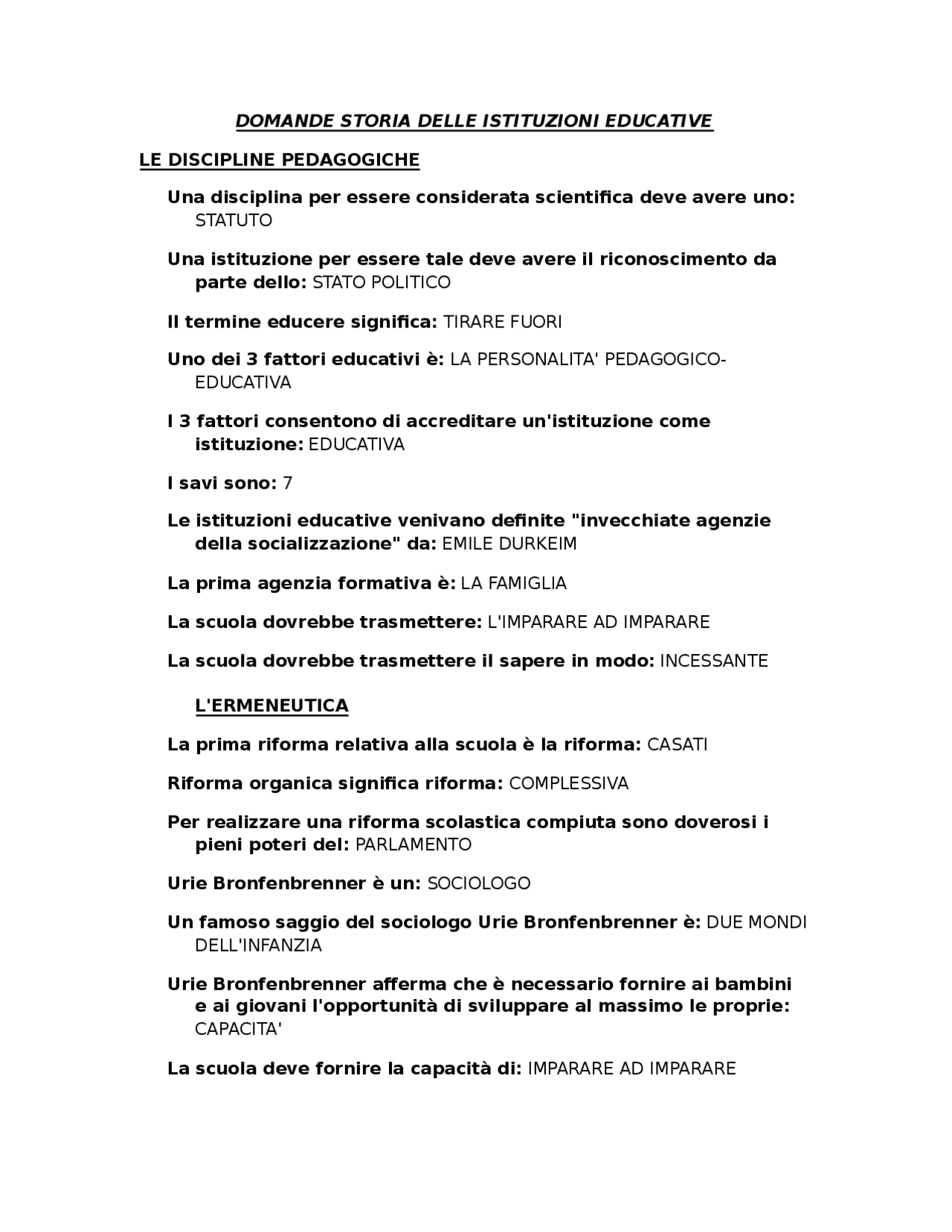 Domande Storia Delle Istituzioni Educative Docsity