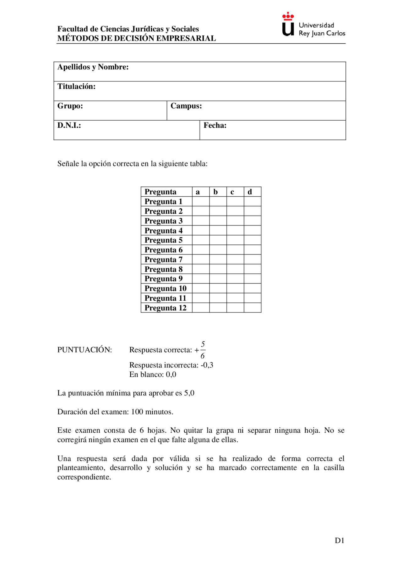Modelo Examen MÓstoles 2015 MÉtodos De DecisiÓn Empresarial