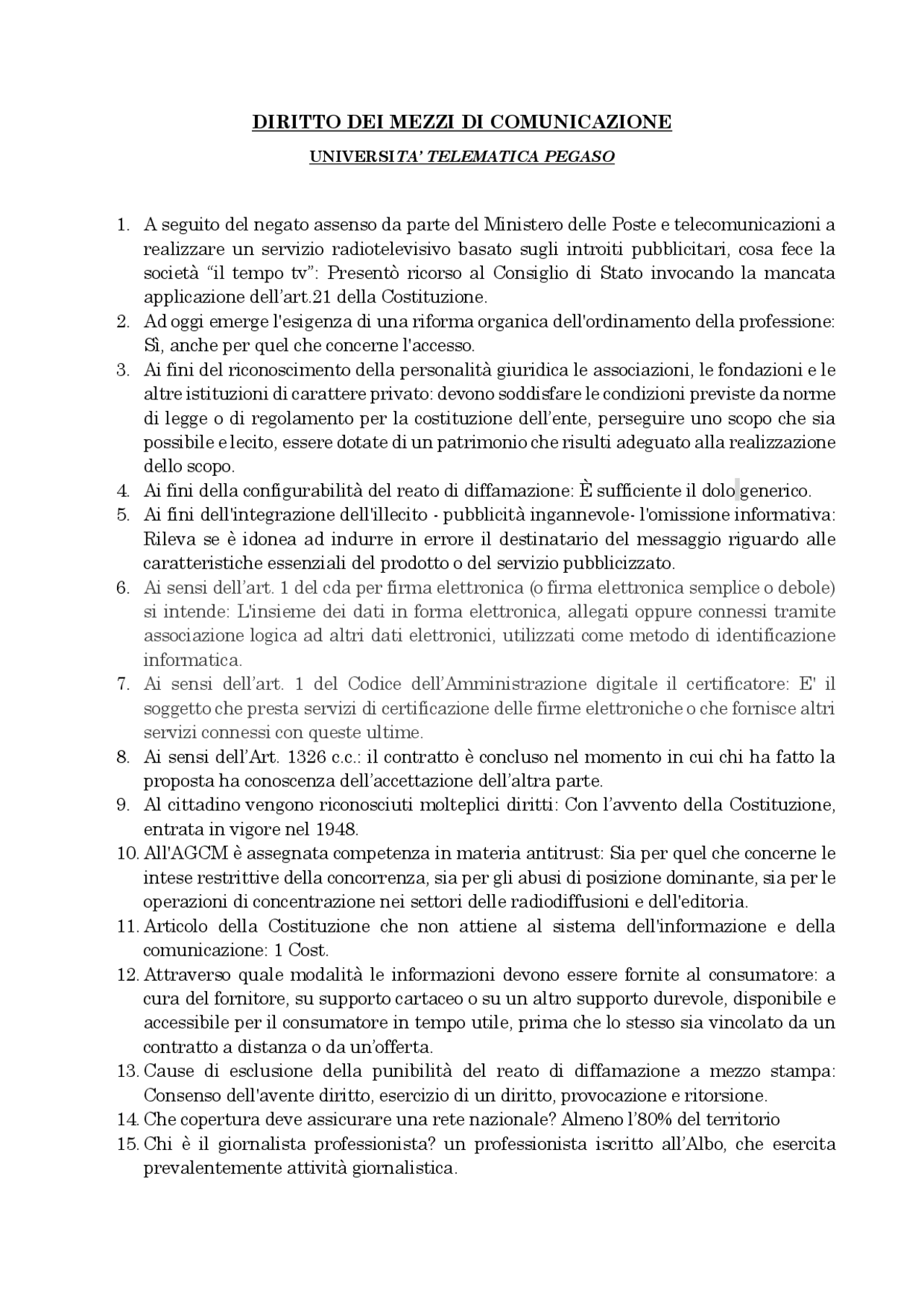 Diritto Dei Mezzi Di Comunicazione Unipegaso 20182019 Prove D