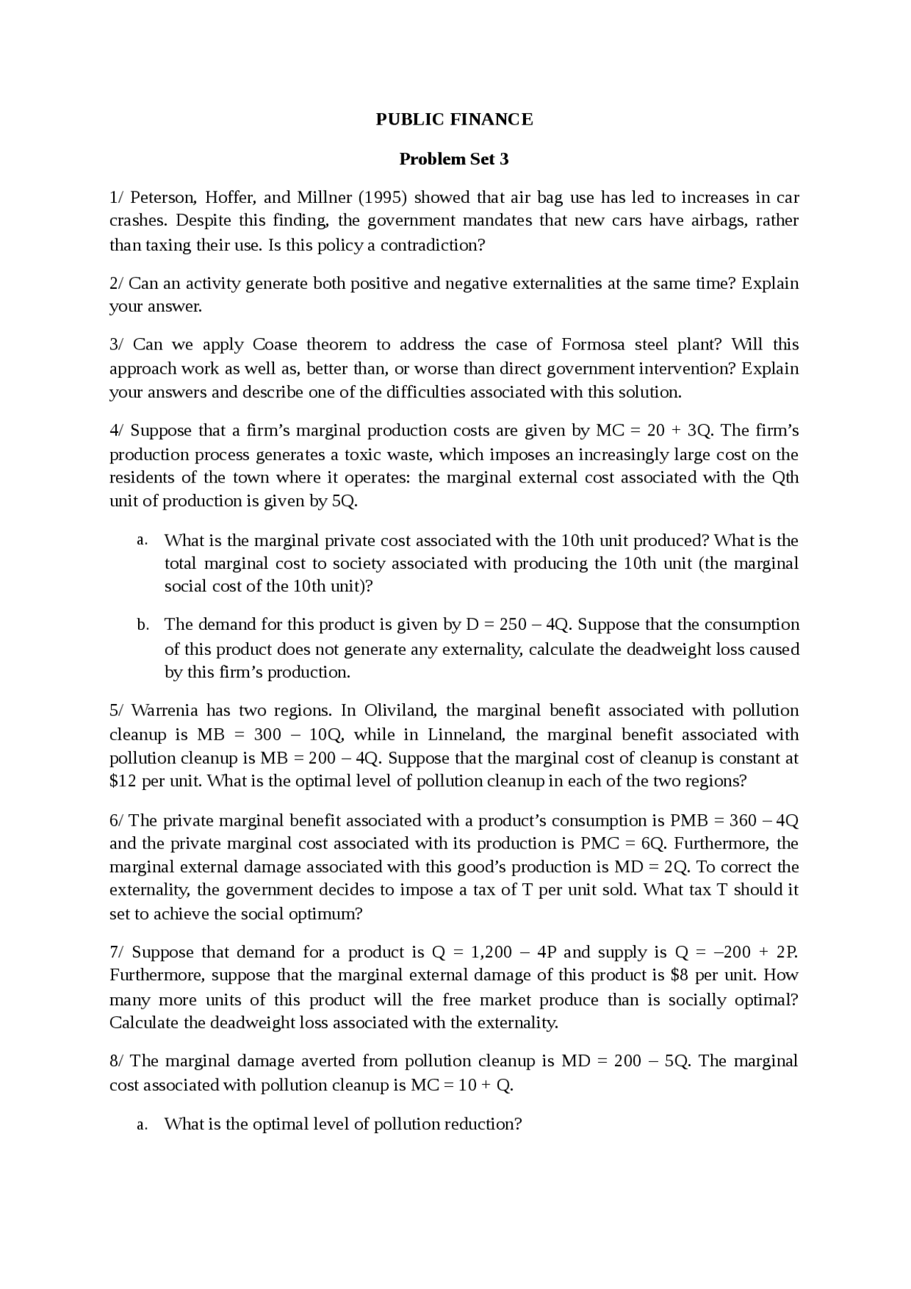 Problem Set 3 For Public Finance And Public Policy Docsity