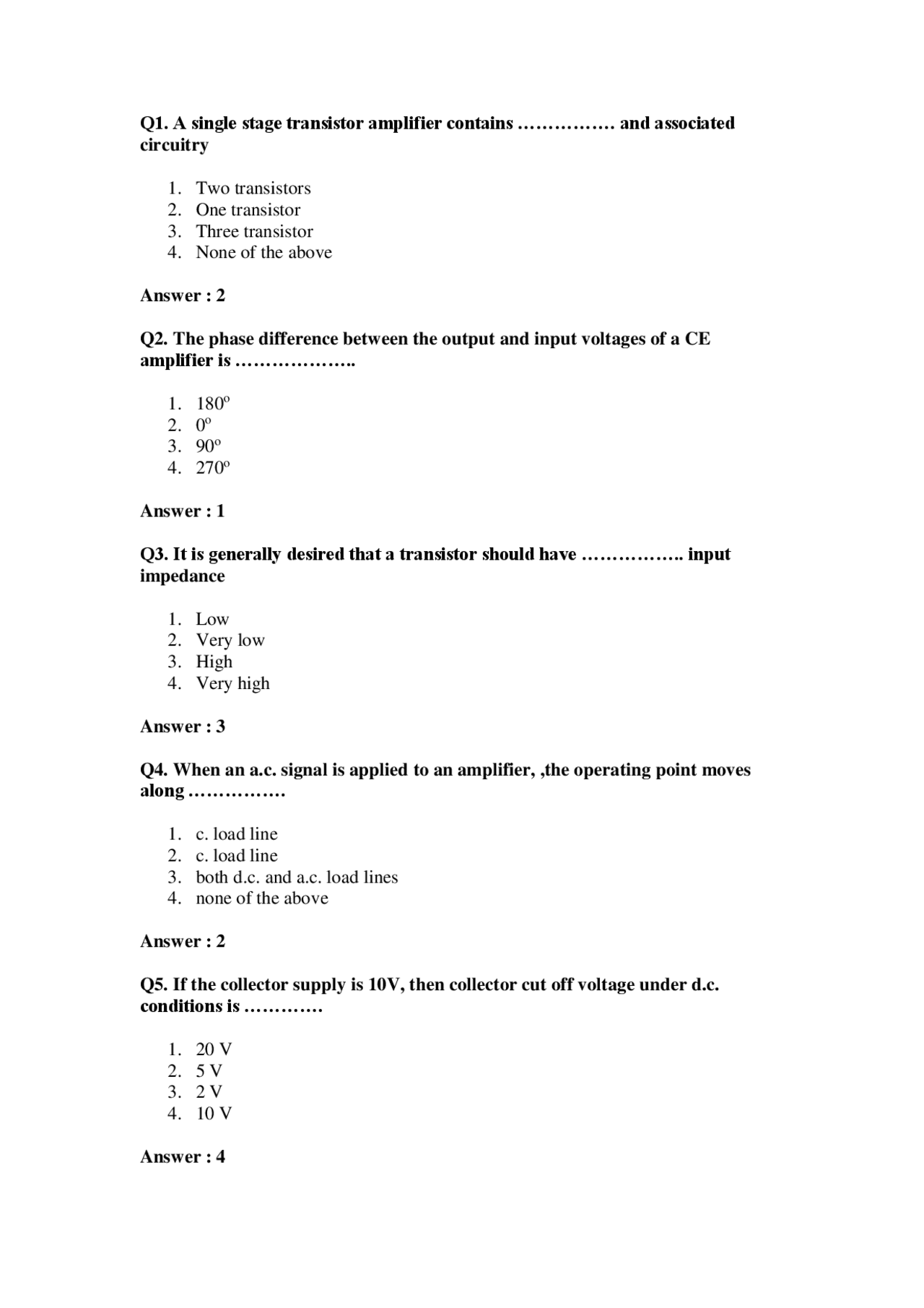 Q Bank for amplifier and diodes with answers | Exercises Physics | Docsity