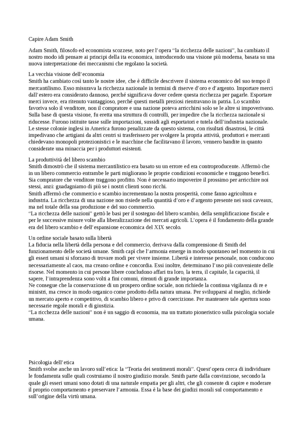 Riassunti Del Libro Capire Adam Smith Docsity