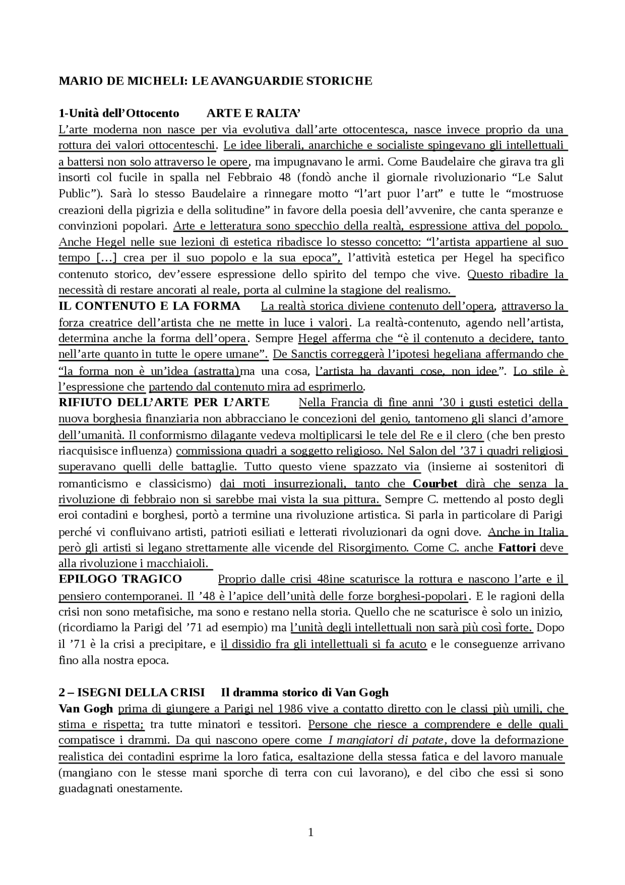 Le Avanguardie Artistiche - Mario de Micheli - Docsity